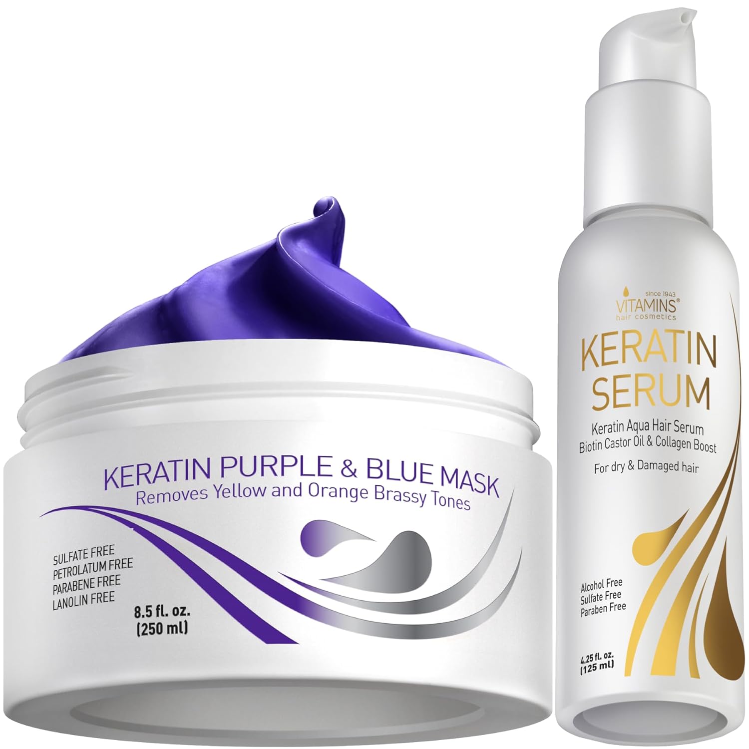 Amazon.com: Vitamins Keratin Purple Blue Hair Mask and Serum Kit ...