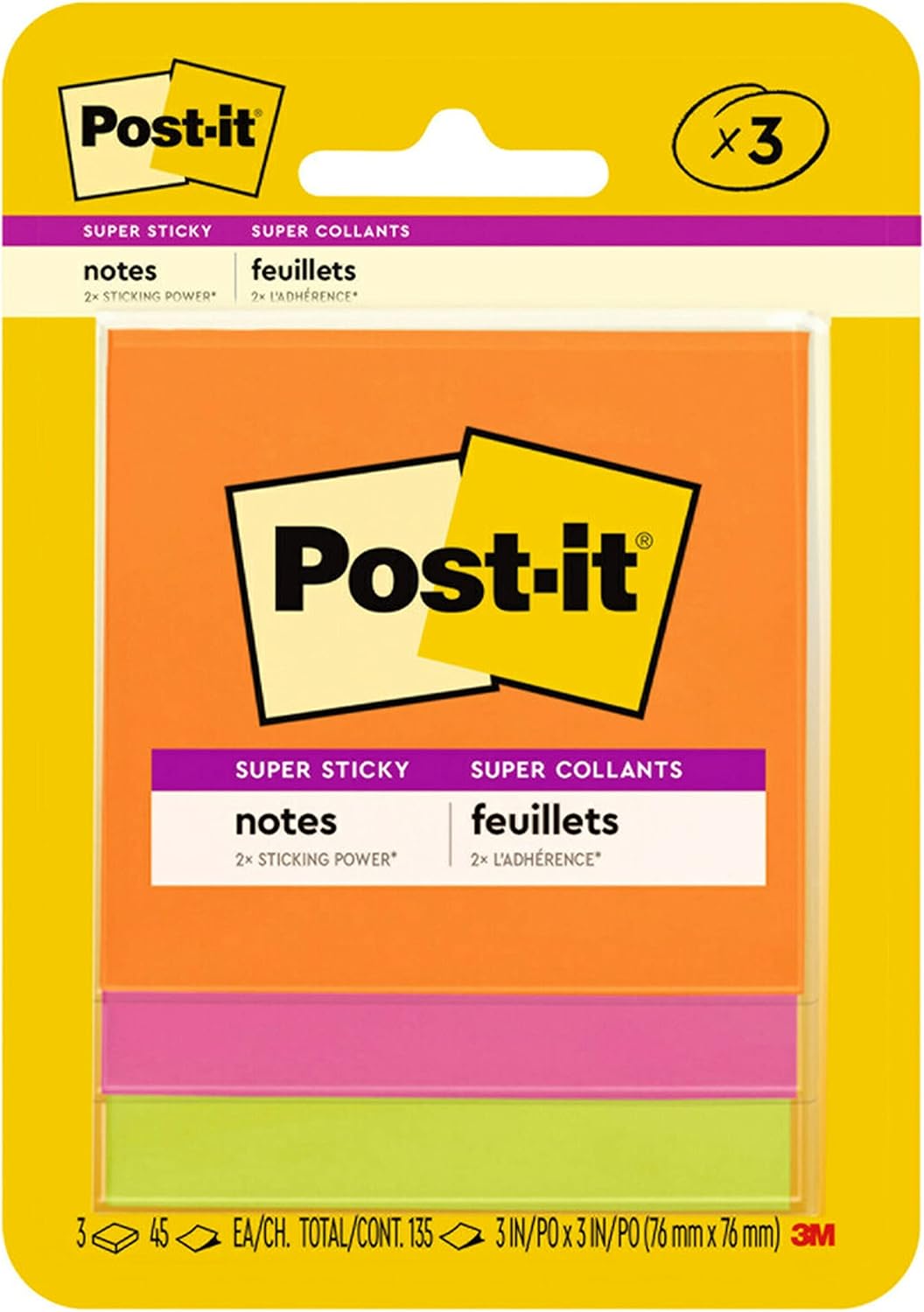 Post-it Super Sticky Notes, 3 x 3-Inches, Assorted Ultra Colors, 3-Pads ...
