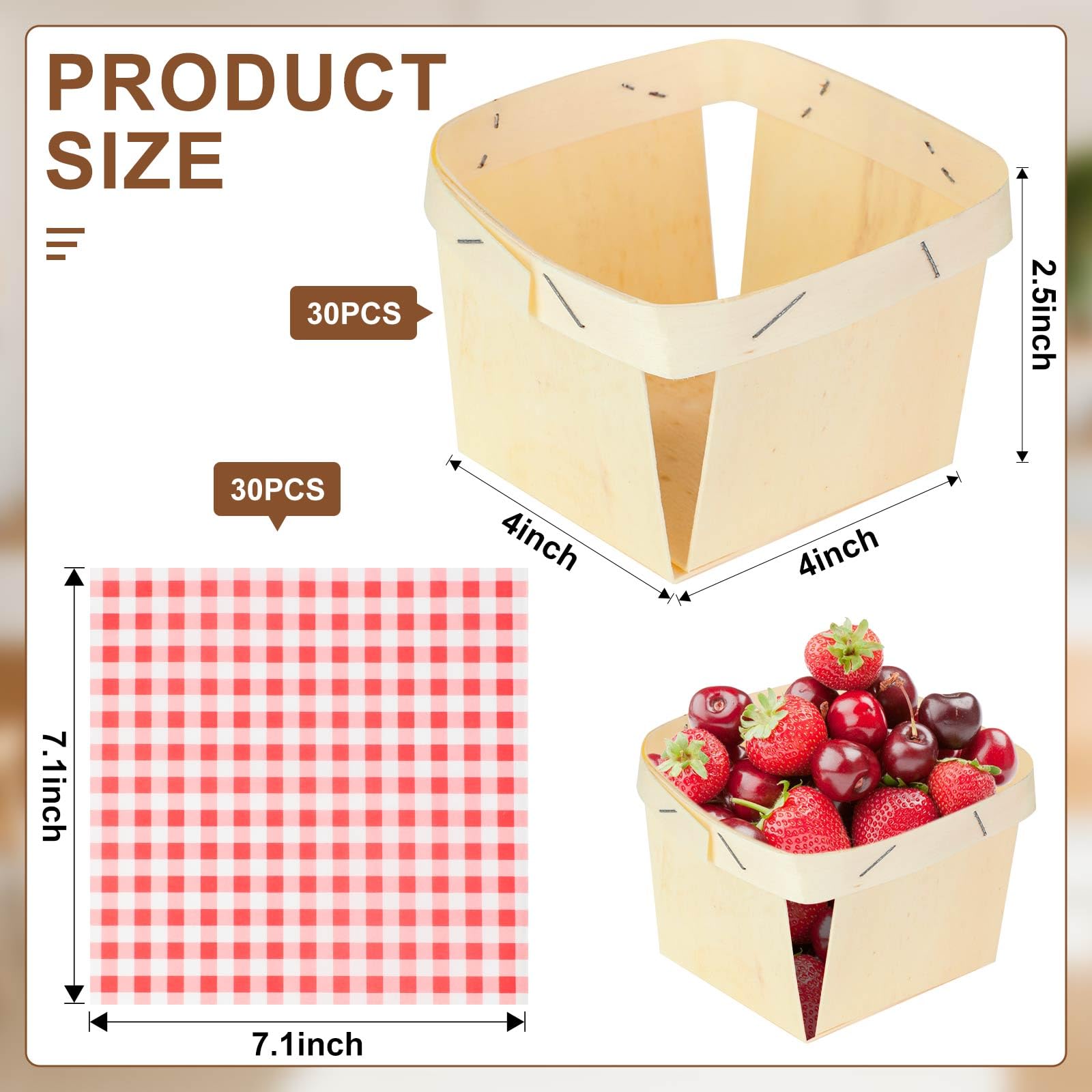 30 Sets Wood Berry Basket Set Includes 30 Square Vented Wood Boxes 4 ...