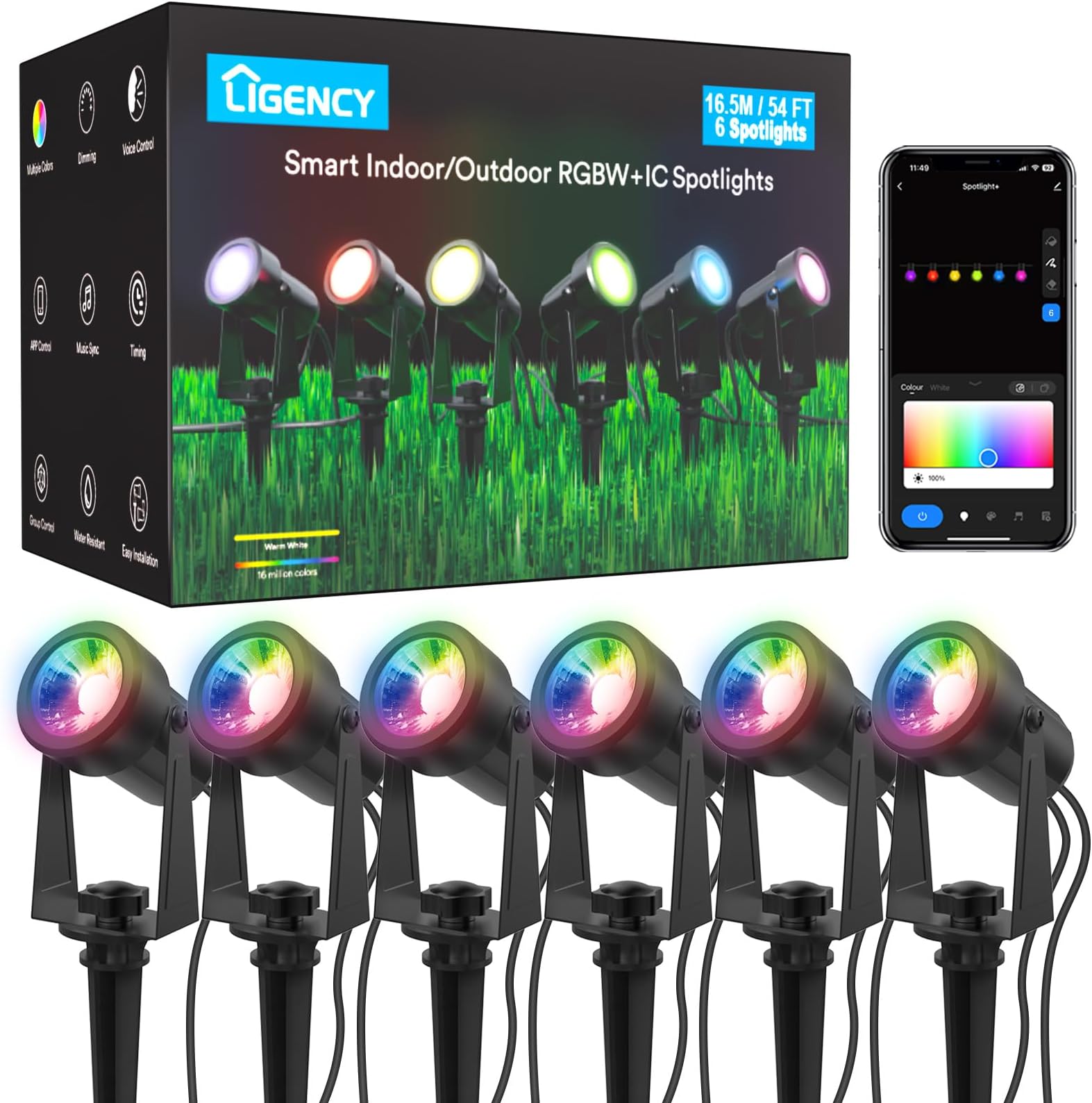 Ligency Smart Outdoor Spot Lights 6 Pack – Plug-in 12V DC Powered, 54 Feet RGBW Color Changing ...