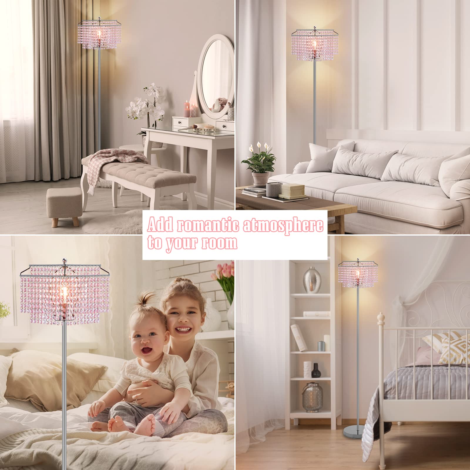 Luvkczc Pink Crystal Floor Lamp, Modern Standing Lamps with Double ...