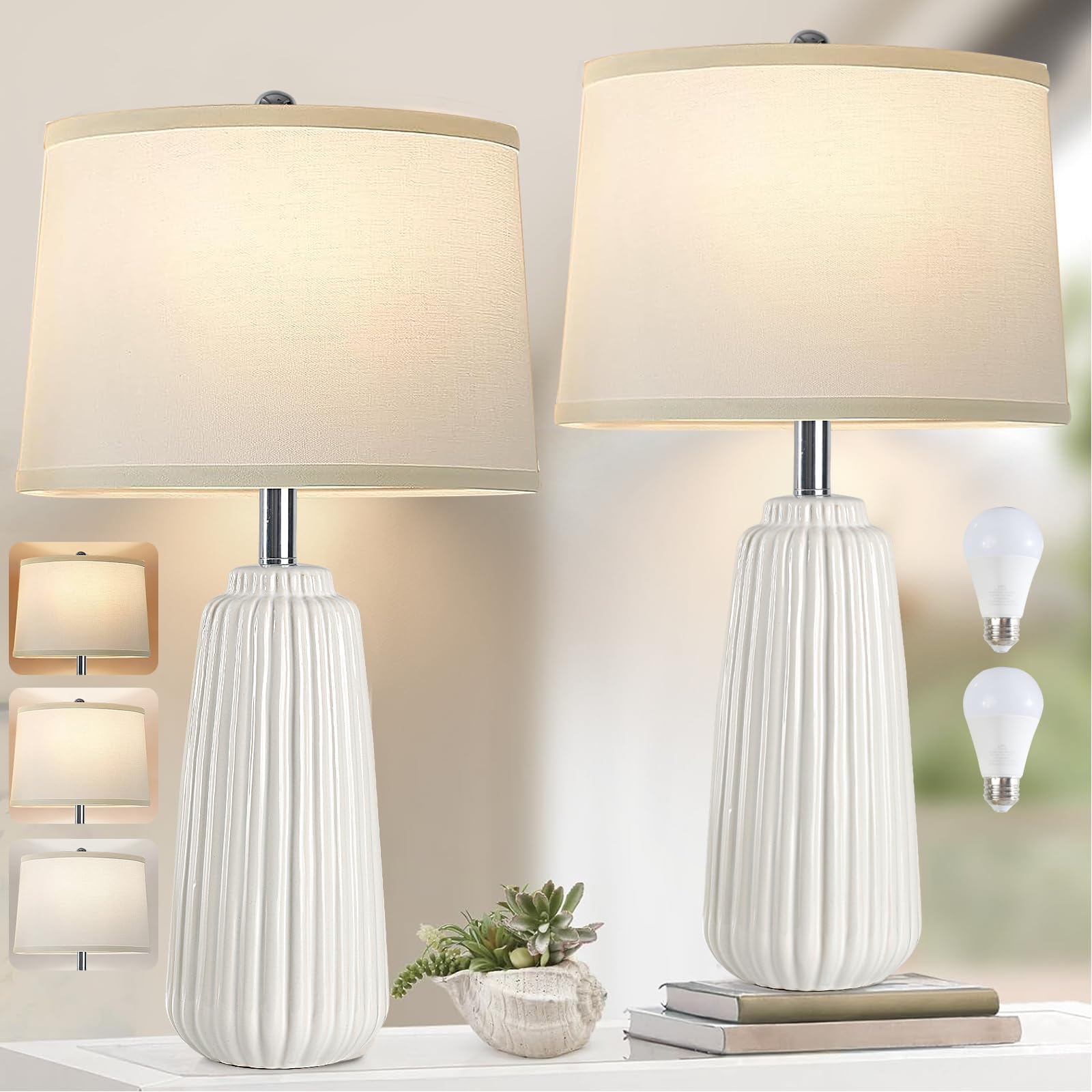 Amazon.com: Yusist Ceramic Table Lamps Set of 2, 25Inch Modern White Table Lamps for Bedroom ...