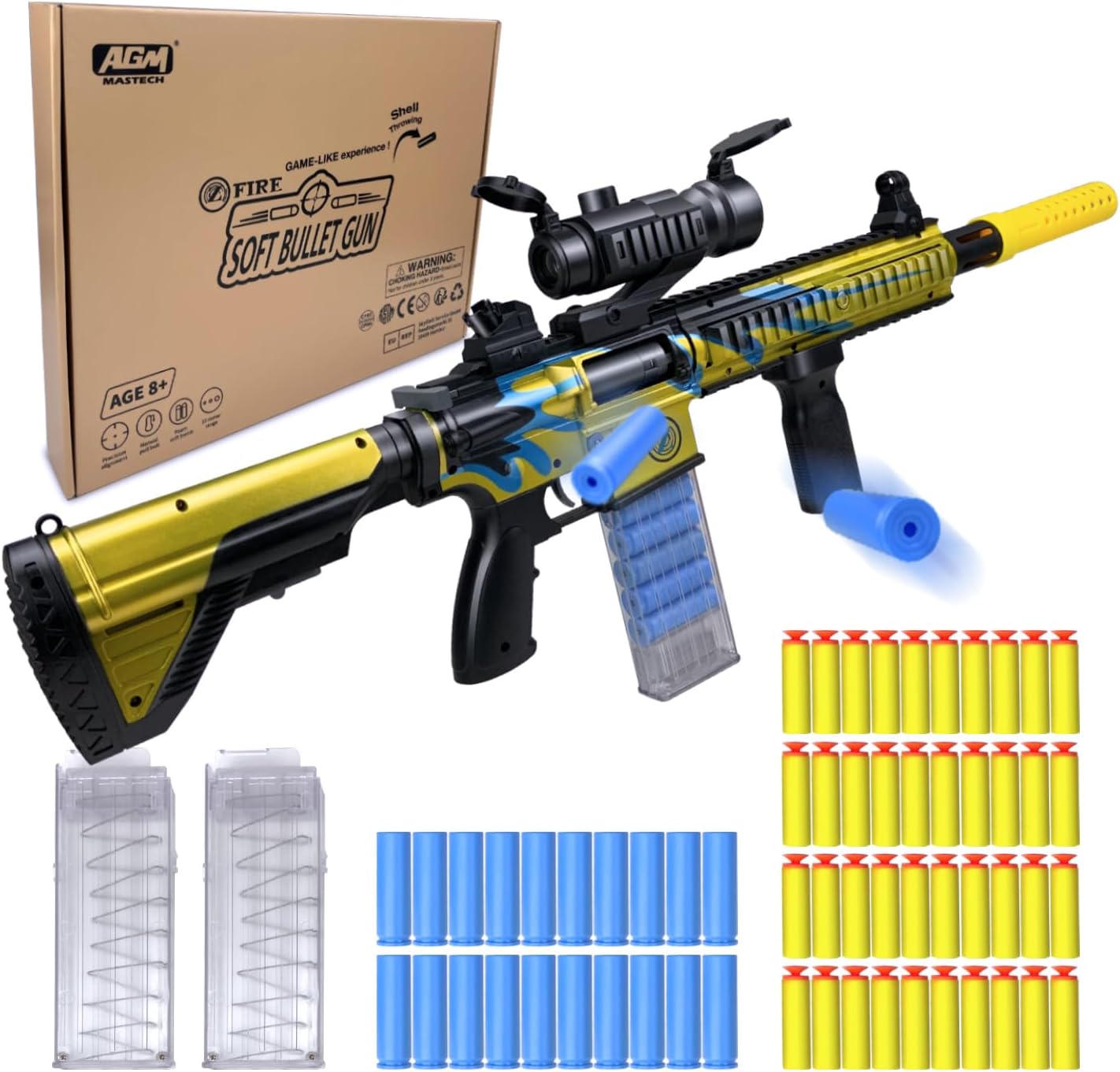 AGM MASTECH Shell Ejecting Blaster Toy with 40 Official Darts,2 Clip ...