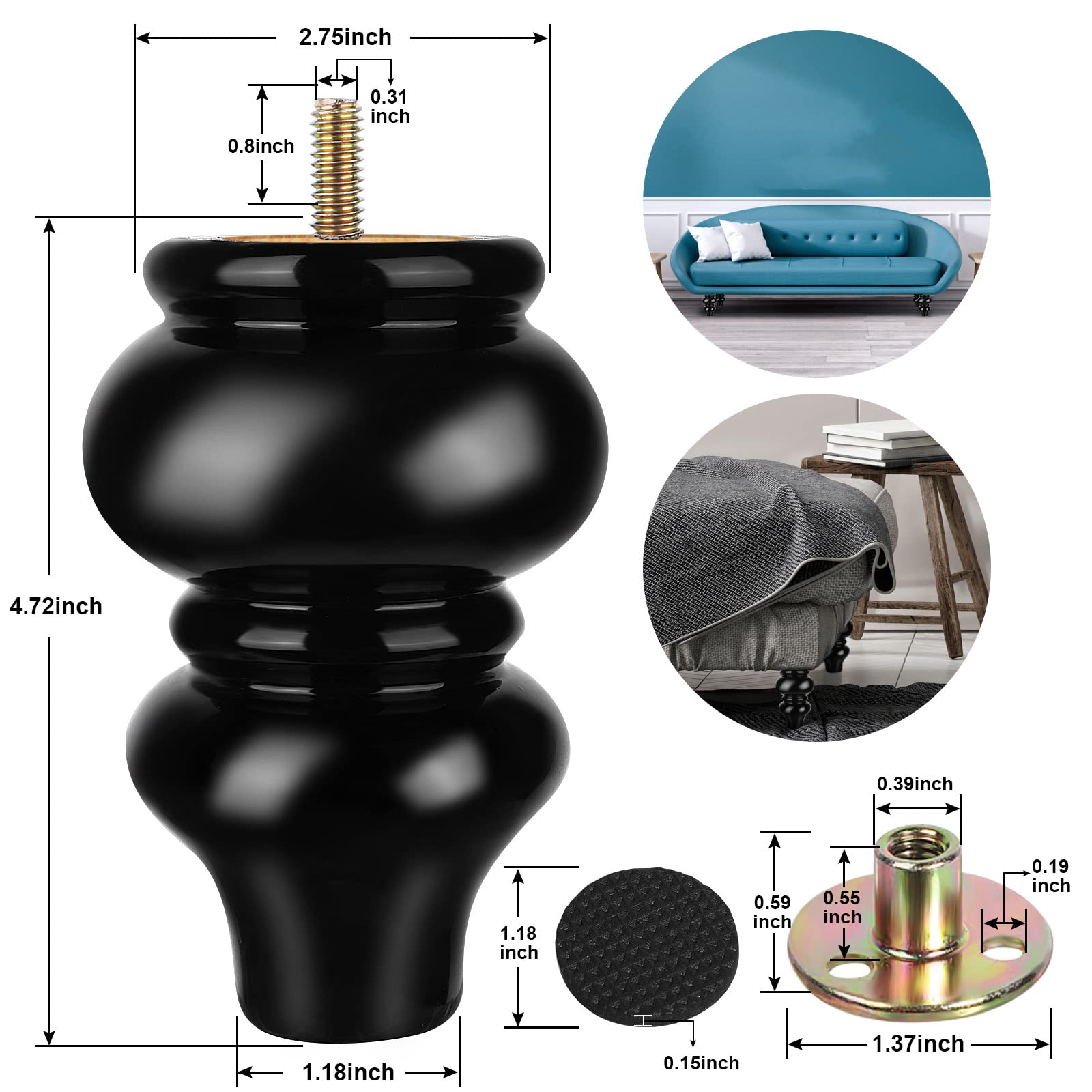 Wood Furniture Legs Black,Couch Legs 5 inch Round,Sofa Legs Set of 4 ...