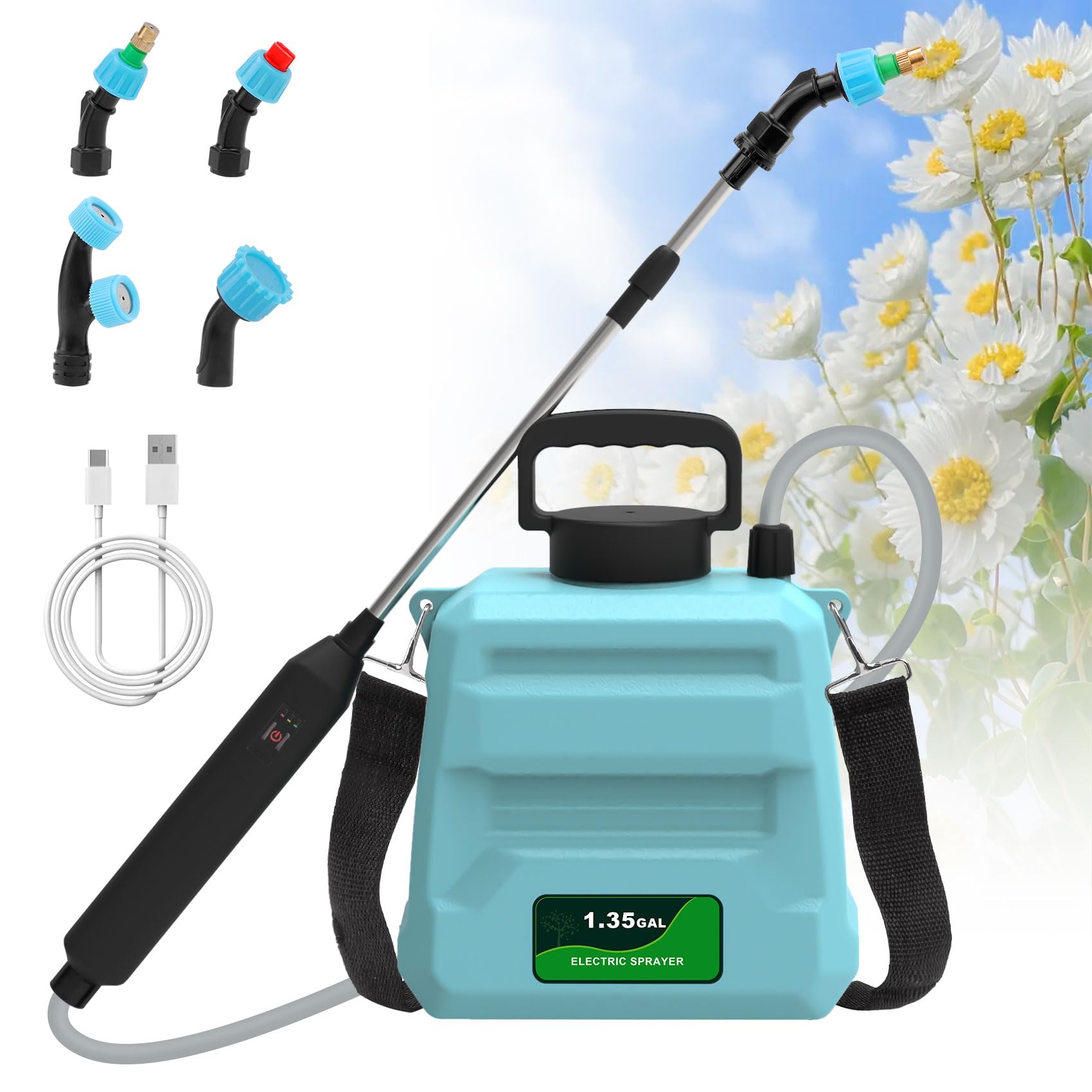 Battery Powered Sprayer 1.35Gal, Electric Sprayer with 4 Mist Nozzles ...