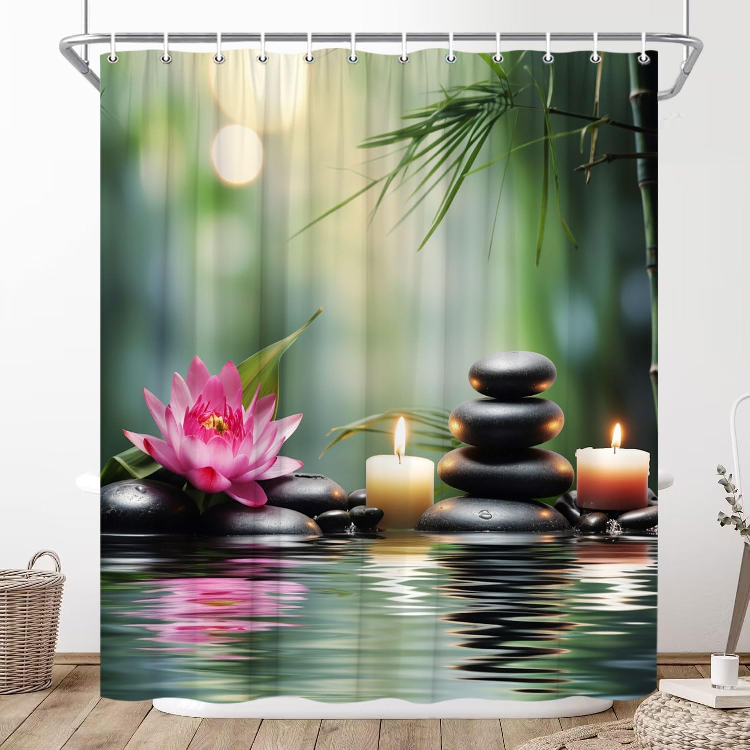 Amazon.com: JONSEQIN Zen Shower Curtain Asian Zen Stone Lotus Floral ...