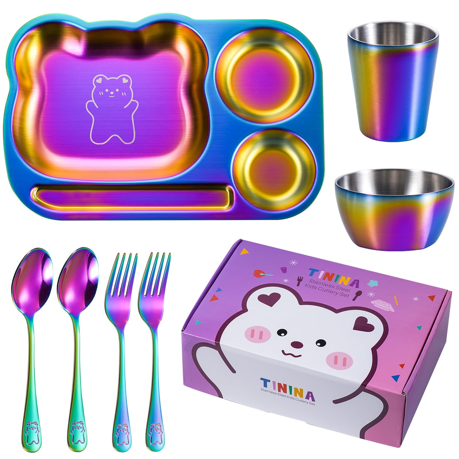 Amazon.com: Stainless Steel Kids Dinnerware Set, 7-Piece Set Include ...