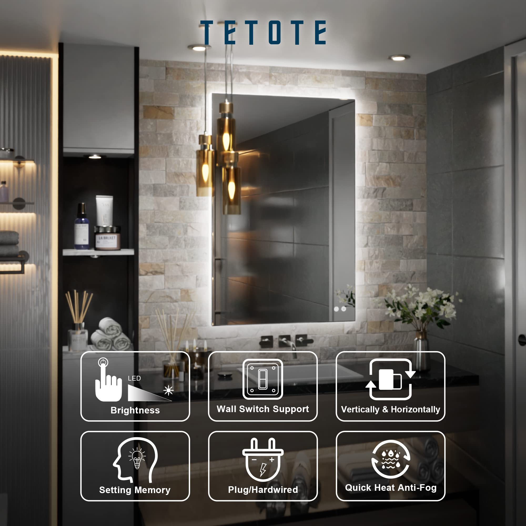 TETOTE 24 X 36 Inch LED Mirror Backlit Bathroom Anti Fog Mirror With TETOTE 24 X 36 Inch LED Mirror Backlit Bathroom Anti Fog Mirror With