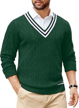 COOFANDY Mens V Neck Sweater Long Sleeve Cable Knit Sweater Fall Winter ...