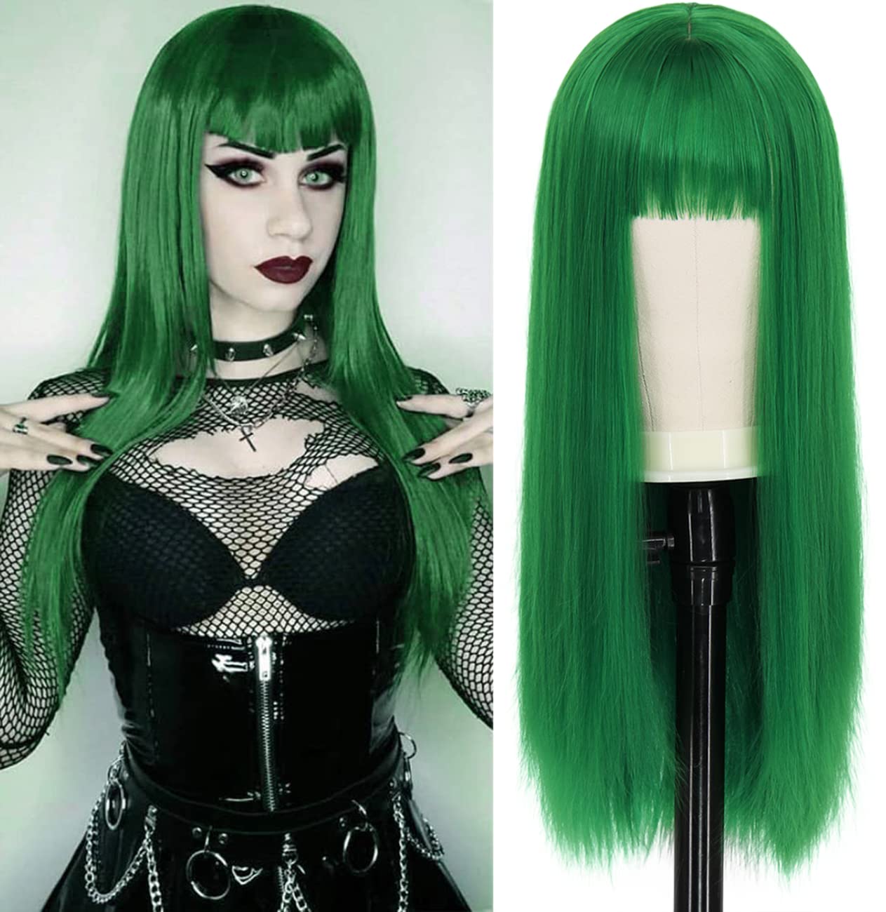 Amazon.com: NICAT Green Wigs for Women Long Green Wig with Bangs 26 ...