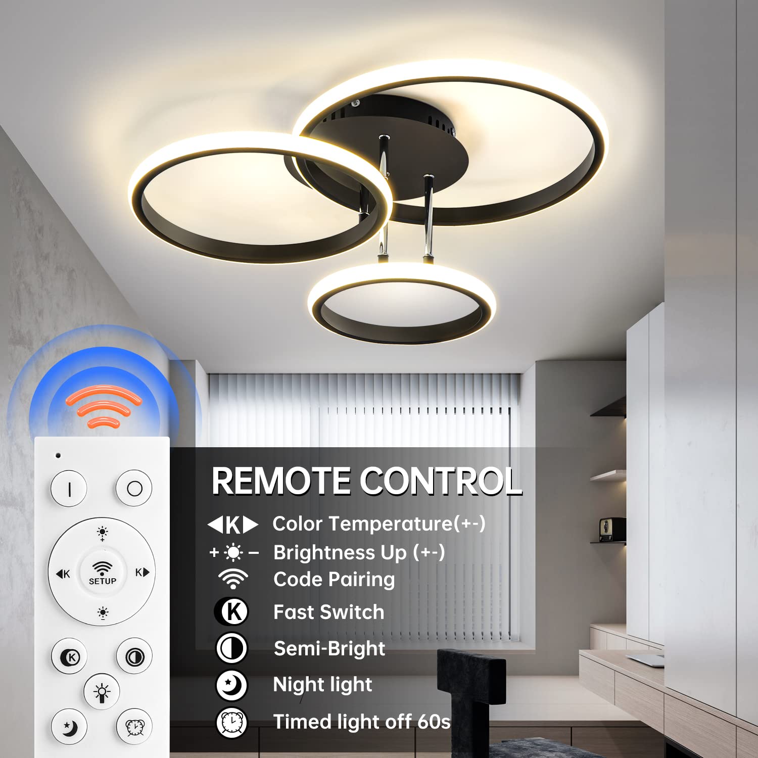 20IN 60W Dimmable LED Semi Flush Mount Ceiling Light Fixture with ...