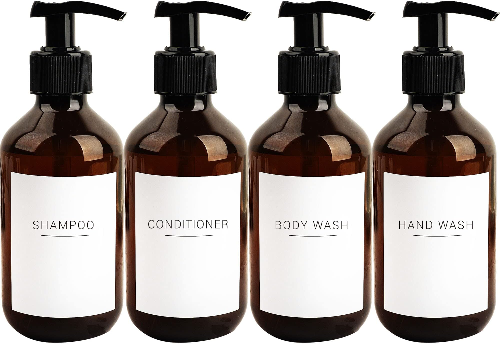 Ezebesta 4 Pieces 500ml Soap Lotion Pump Dispensers with Labels Bathroom Brown Dispenser Bottles ...