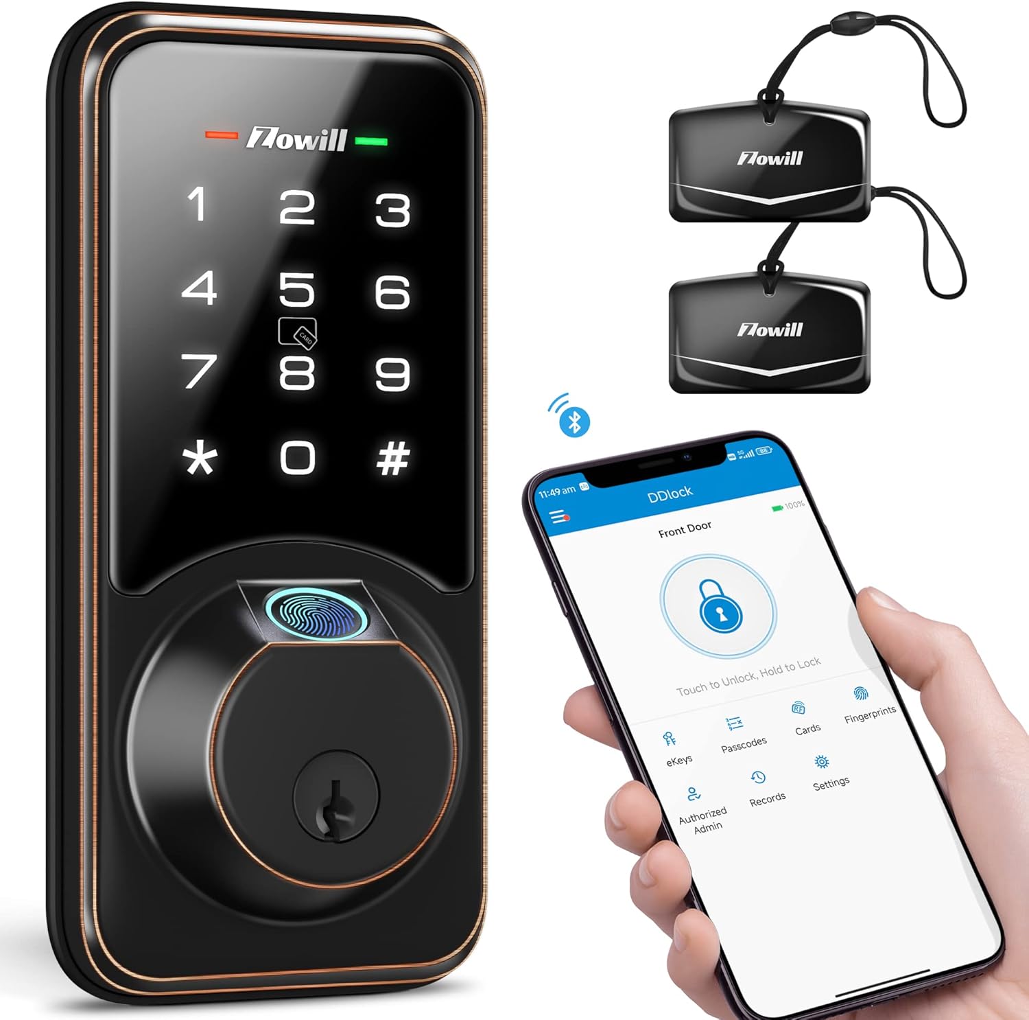 Smart Deadbolt Lock, Zowill Fingerprint Door Lock, 7-in-1 Smart Door ...