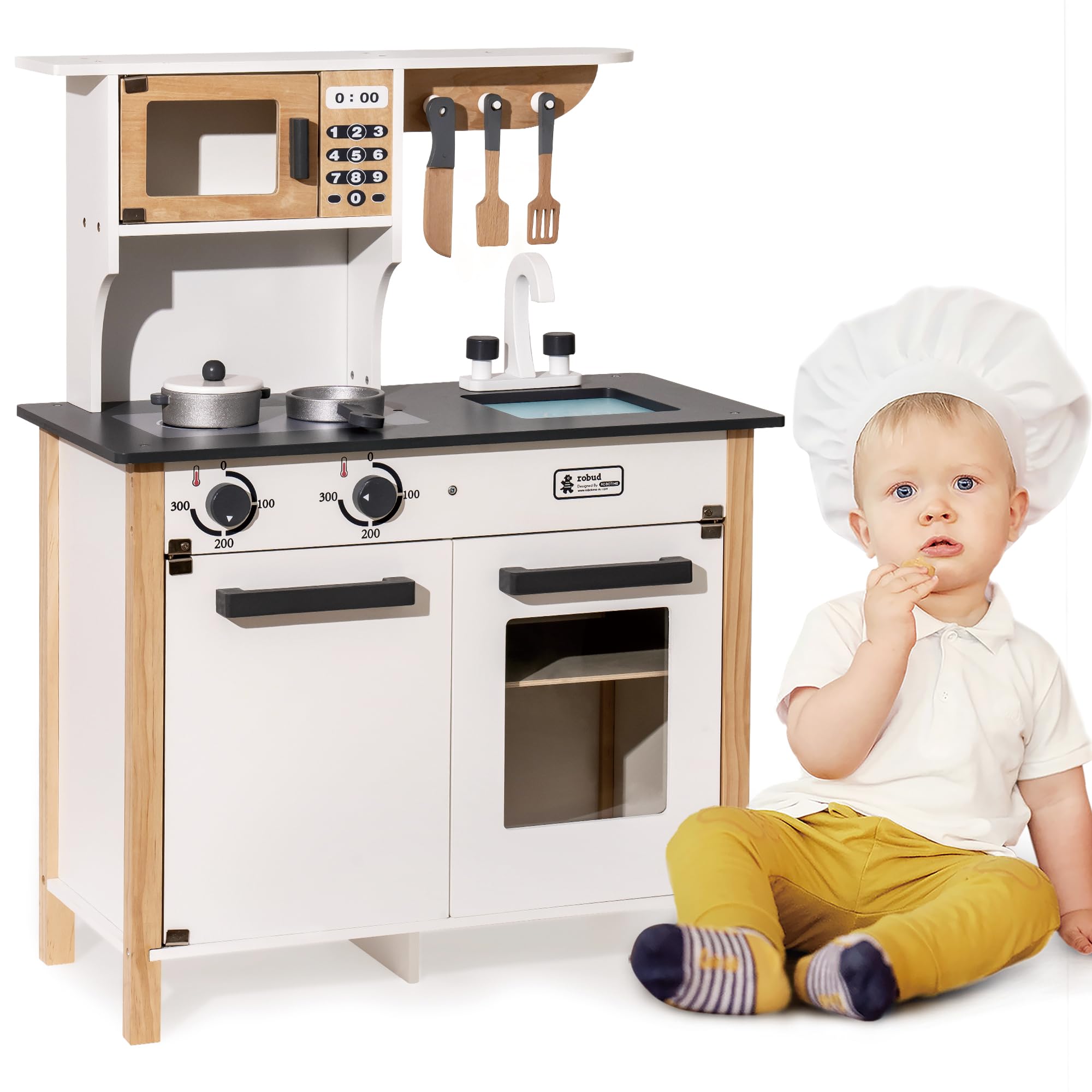 ROBUD Wooden Play Kitchen, Kids Kitchen Playset with Realistic Design ...