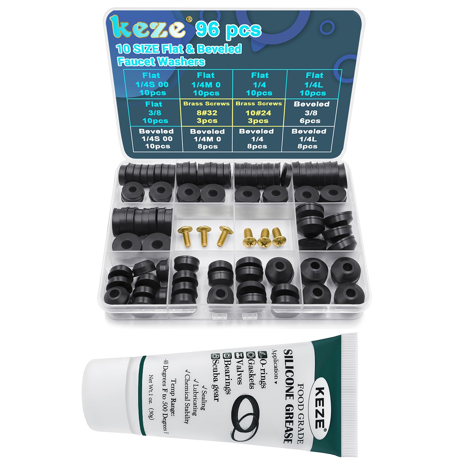 KEZE 96 PCS 10 Size Faucet Washers Assorted Kit and 1 oz 1-Pack ...