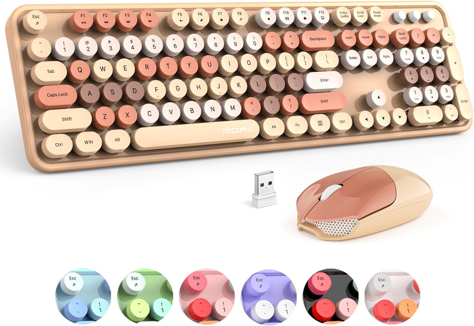 MOFII Wireless Keyboard and Mouse Combo, Milk Tea Colorful Round Key ...