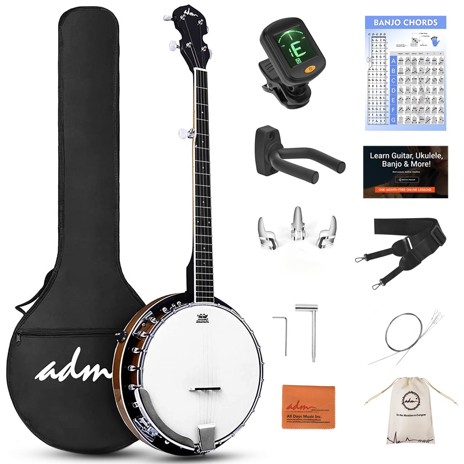 Amazon.com: ADM Banjo 5 String Full Size Acoustic Electric Banjoes Set ...