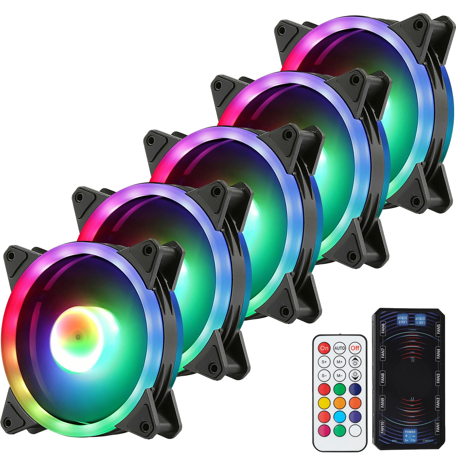 5 x 120mm Dual-Ring RGB Case Fans Set With Fan Hub And Remote Control ...