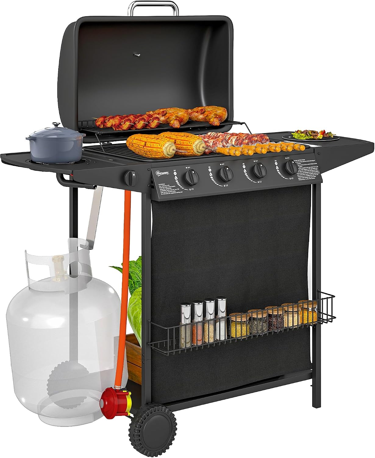 Outsunny 4+1 Burner Gas BBQ Grill, Portable Gas Barbecue Grill with ...