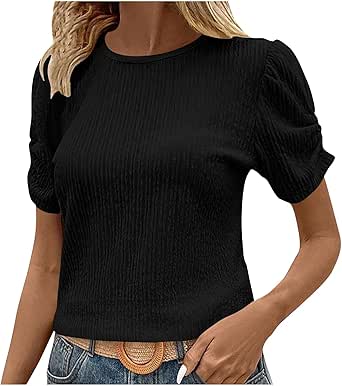 Women's Textured Puff Sleeve Top Crewneck Solid Slim Fit T Shirt Blouse ...
