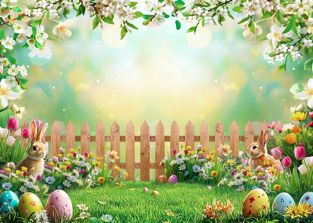 Amazon.com : LYWYGG 7X5FT Easter Backdrop Easter Photography Background Rabbit Colorful Eggs ...