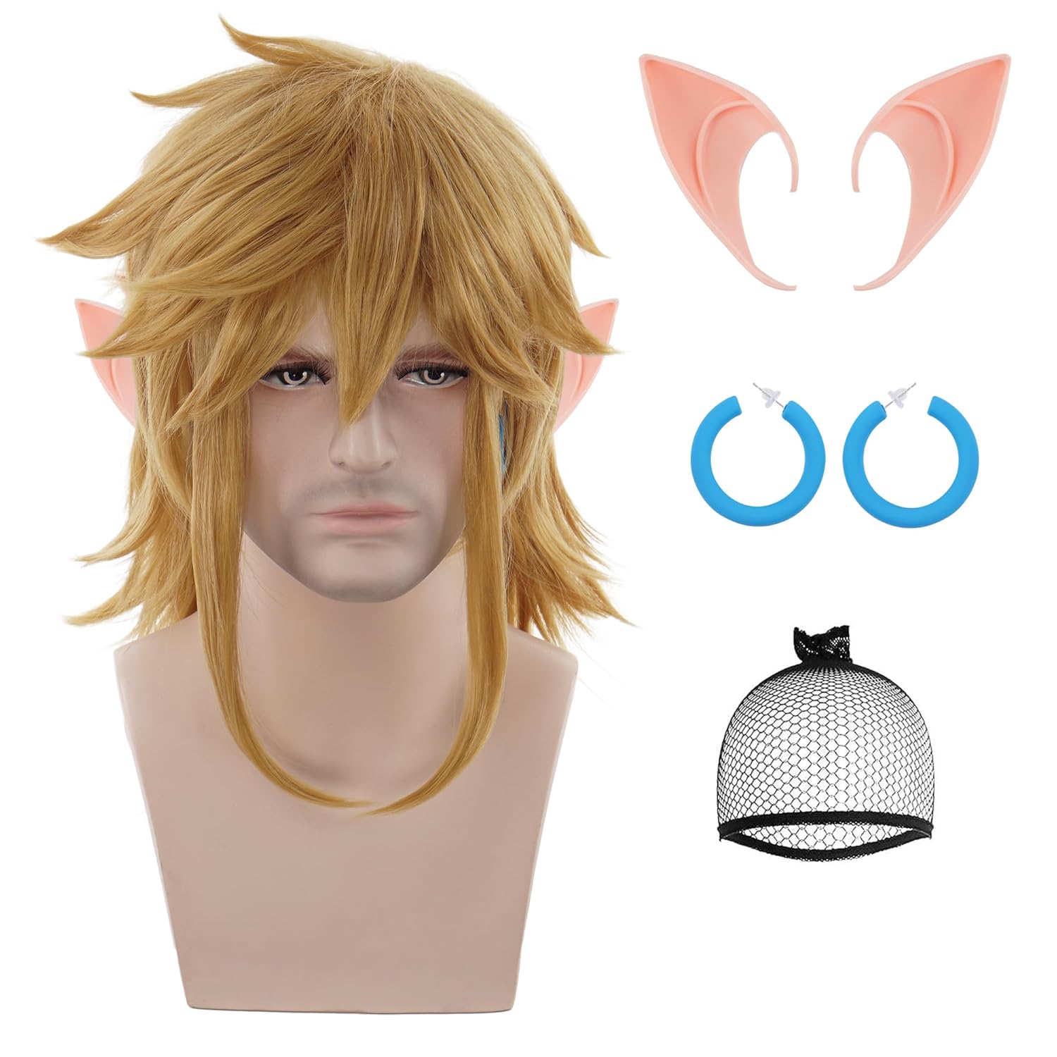 Amazon.com: MoeLoli Blonde Short Link Cosplay Wig with Elf Ears for Men ...