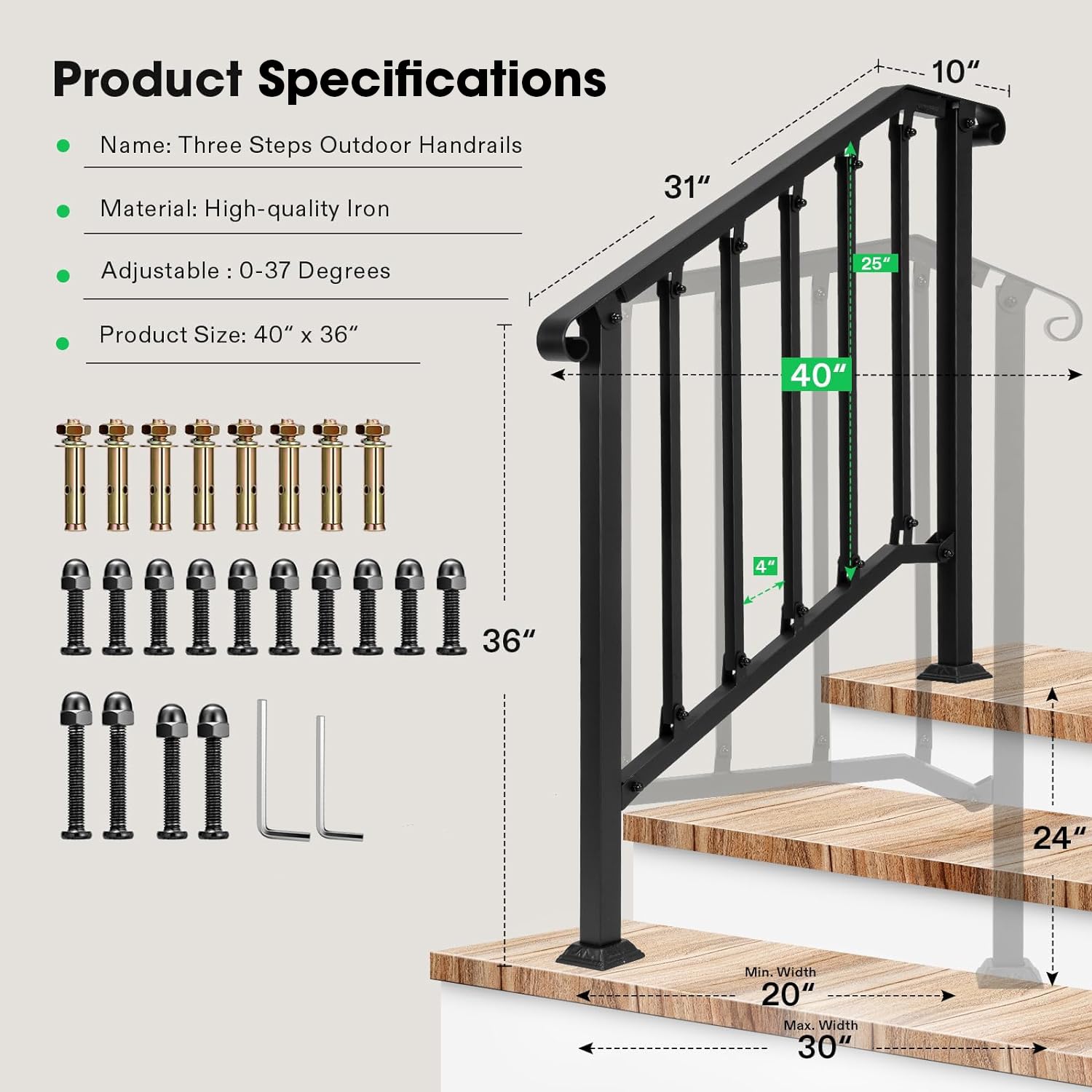 Snapklik.com : VIVOSUN Outdoor Handrail, 3-4 Step Stair Handrail, 40 X ...