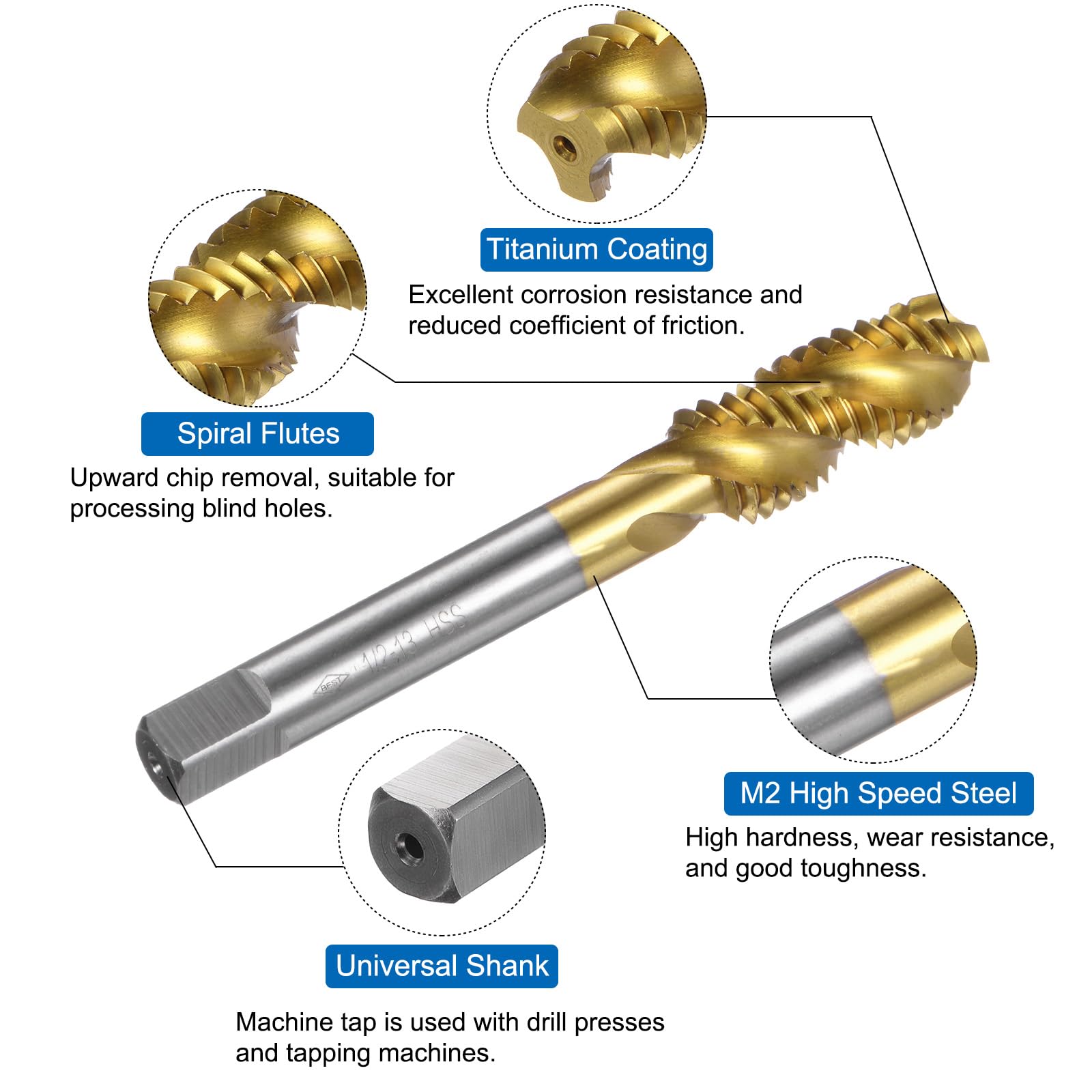 Threading Tool Uxcell Spiral Flute Thread Taps, 1/2-13 UNC 2B Screw ...