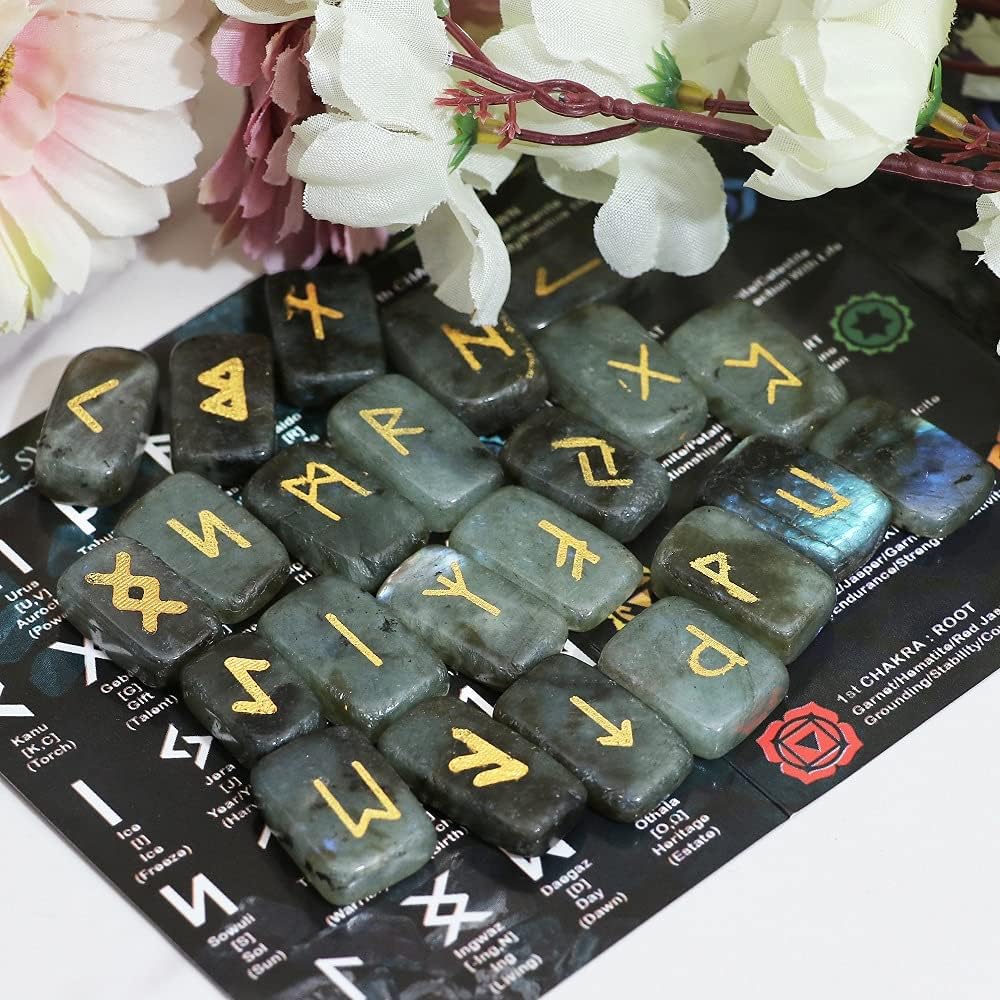 Cartbug Labradorite Round Brick Shape Rune Stones Set with Elder ...
