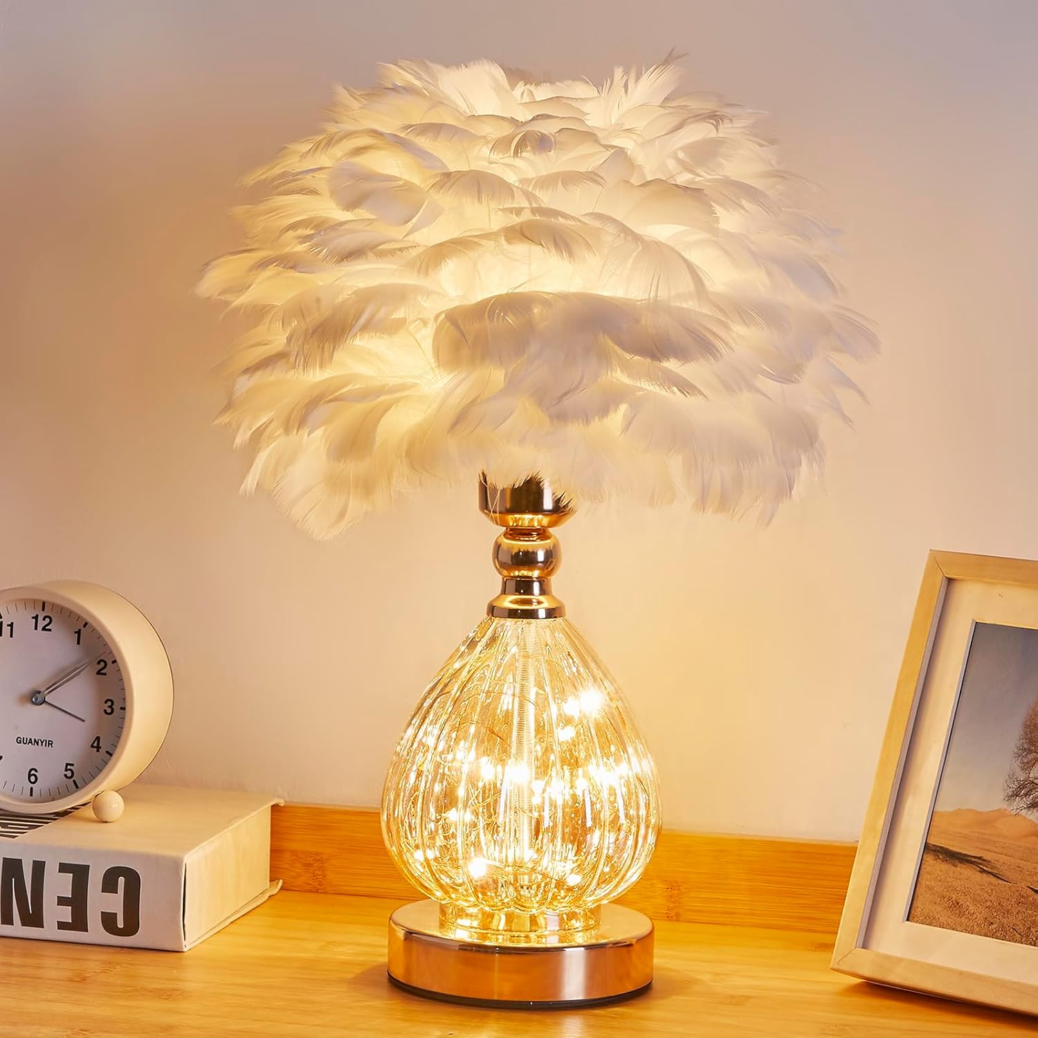 Zqoyn Feather Table Lamp,Artistic Romantic Bedroom Decor Small Night ...