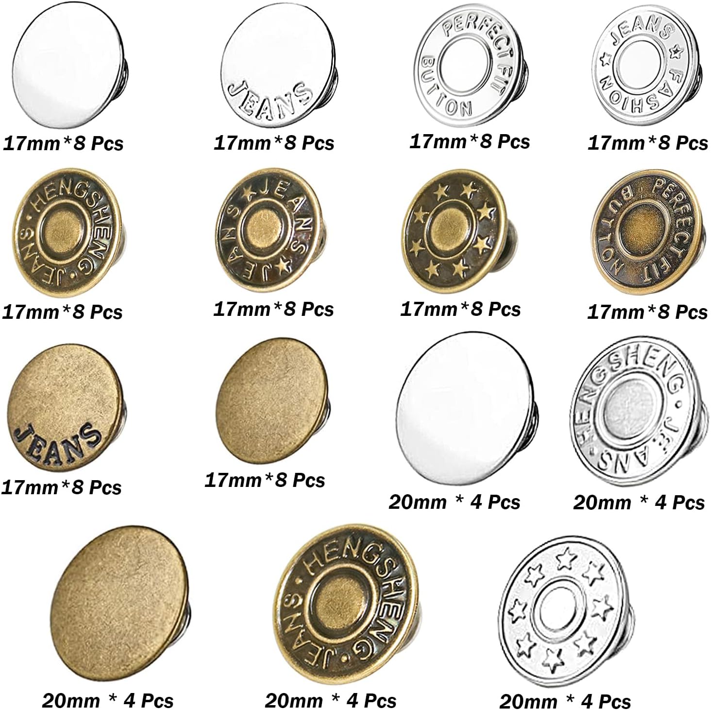 100 juegos de botones para jeans, 0.669 in y 0.787 in sin coser ...