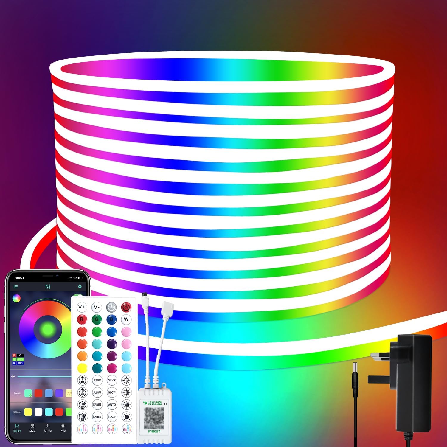 segrass Flexible LED neon Lights Strip 10M 24v RGB with Remote,APP ...