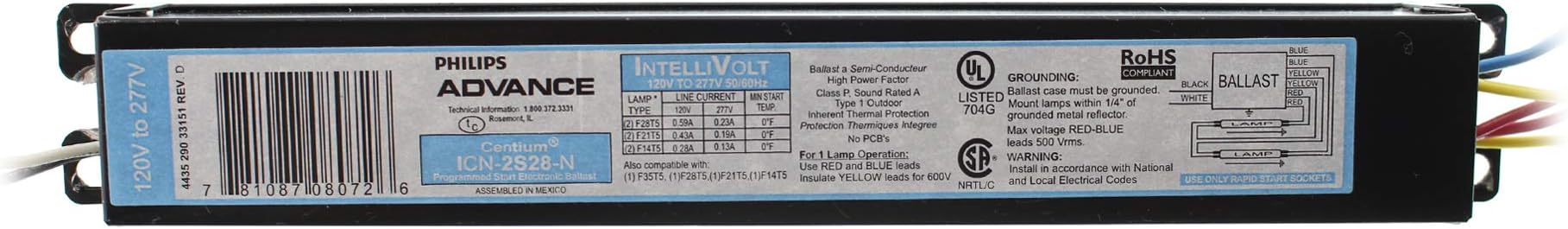 Philips Advance ICN-2S28-N Centium Electronic Ballast, 120/277V, F28T5 ...