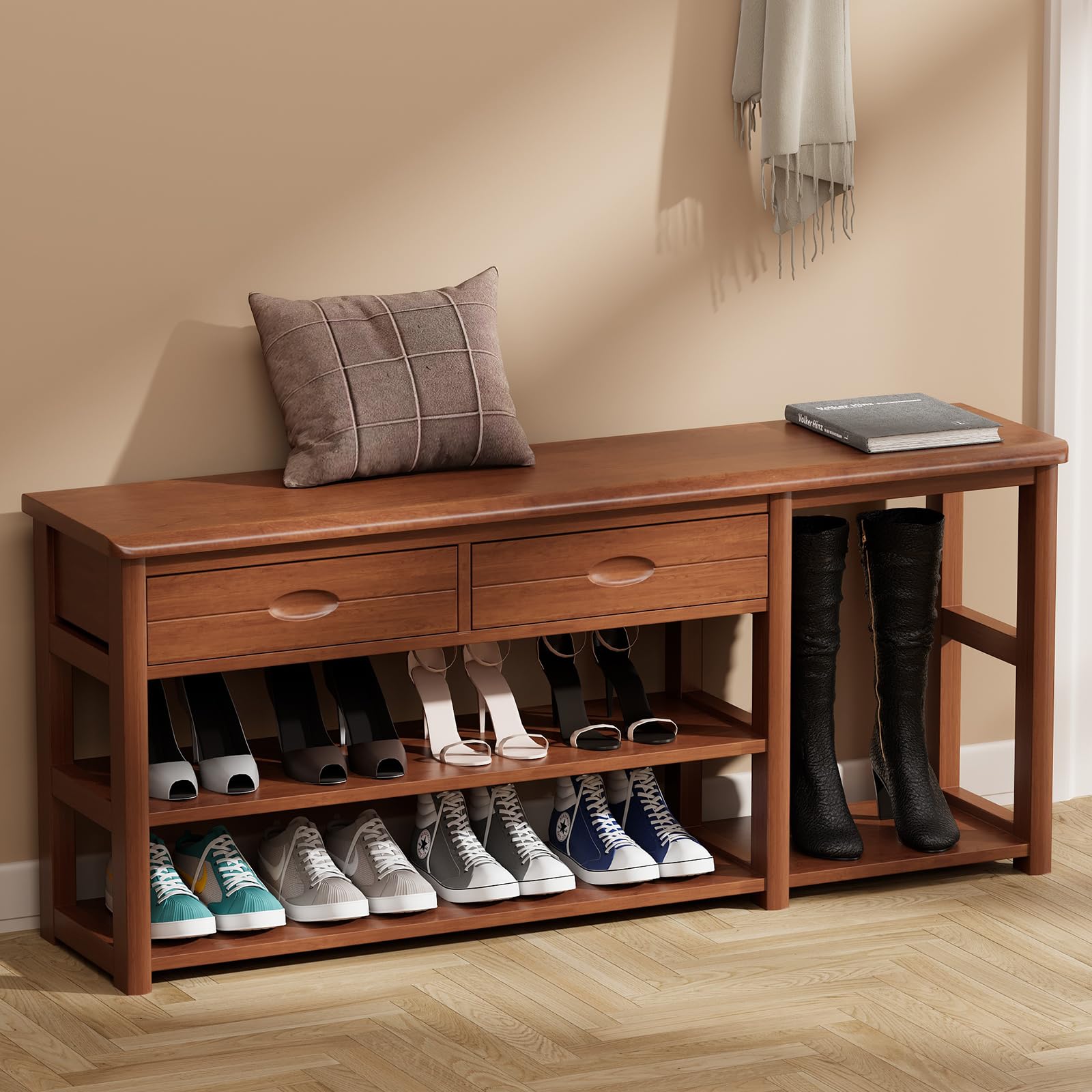 Amazon.com: KINGBO 47" Shoe Bench with 2 Drawers, 3-Tier Solid Wood ...