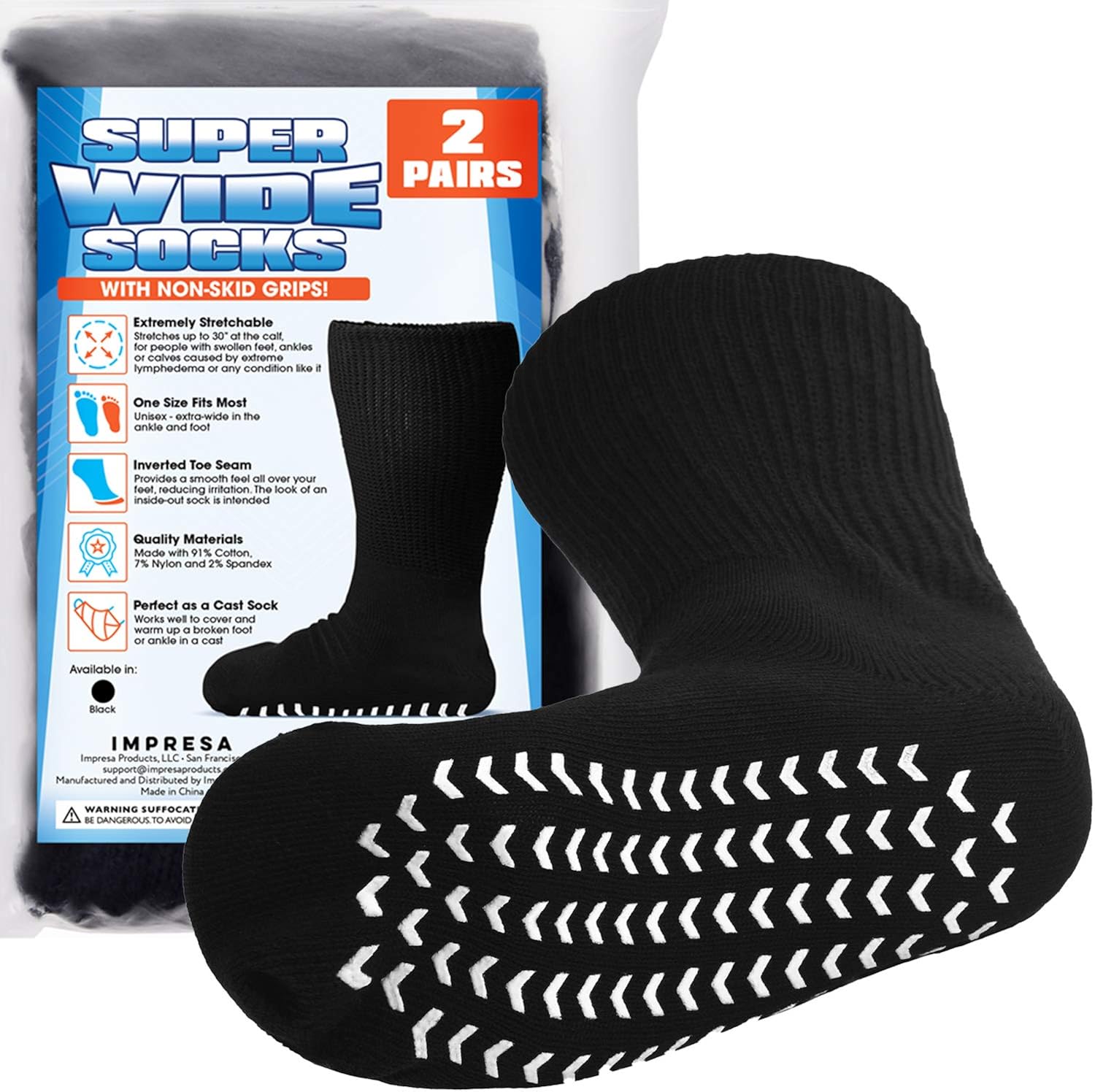 2 Pairs Of Super Wide Socks With Non Skid Grips For Lymphedema