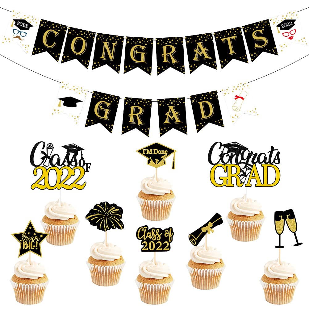 Buy Graduation Cake Toppers Set, Black and Gold Congrats Grad Banner ...