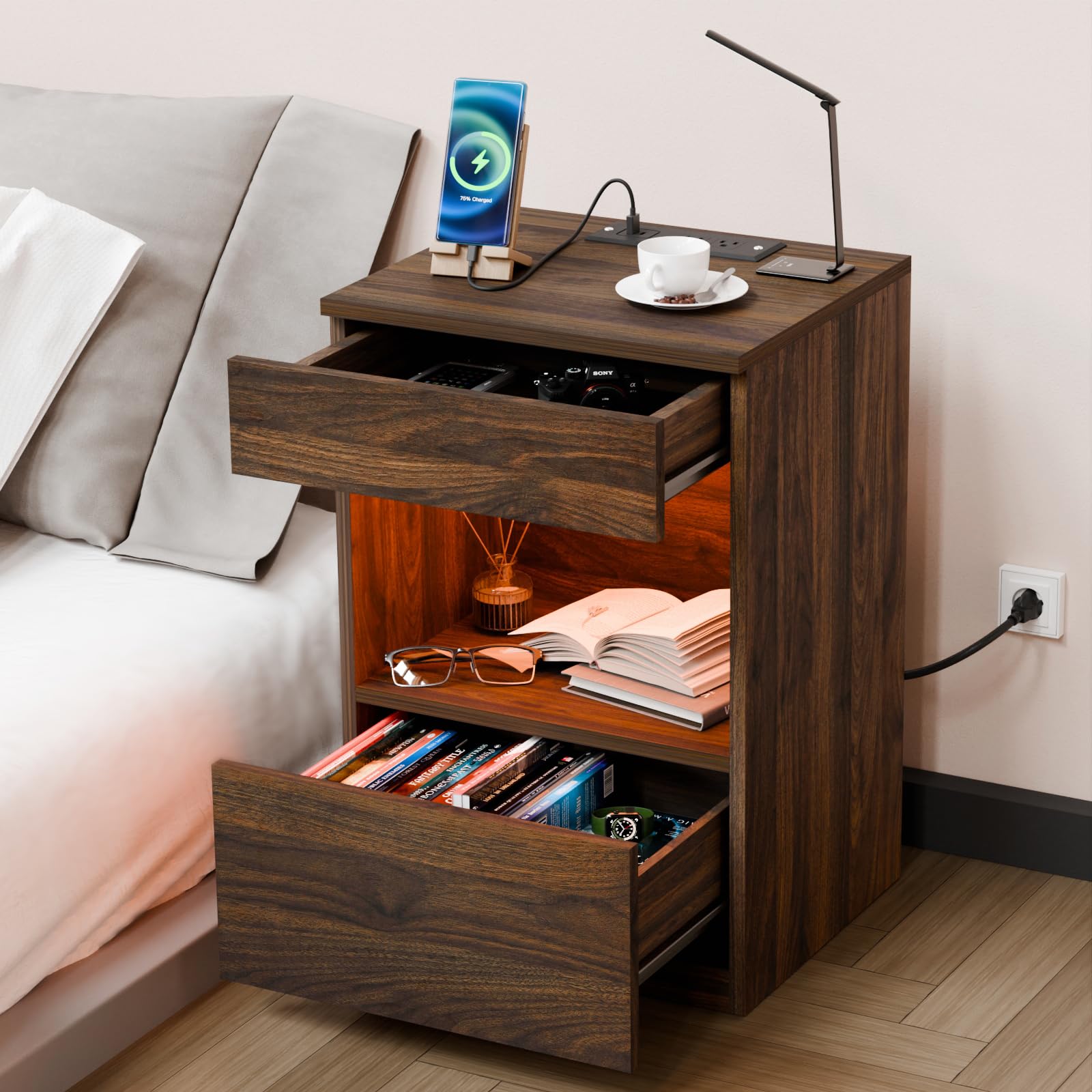 Amazon.com: HOMMPA Open Shelf LED Nightstand with Charging Station Dark ...
