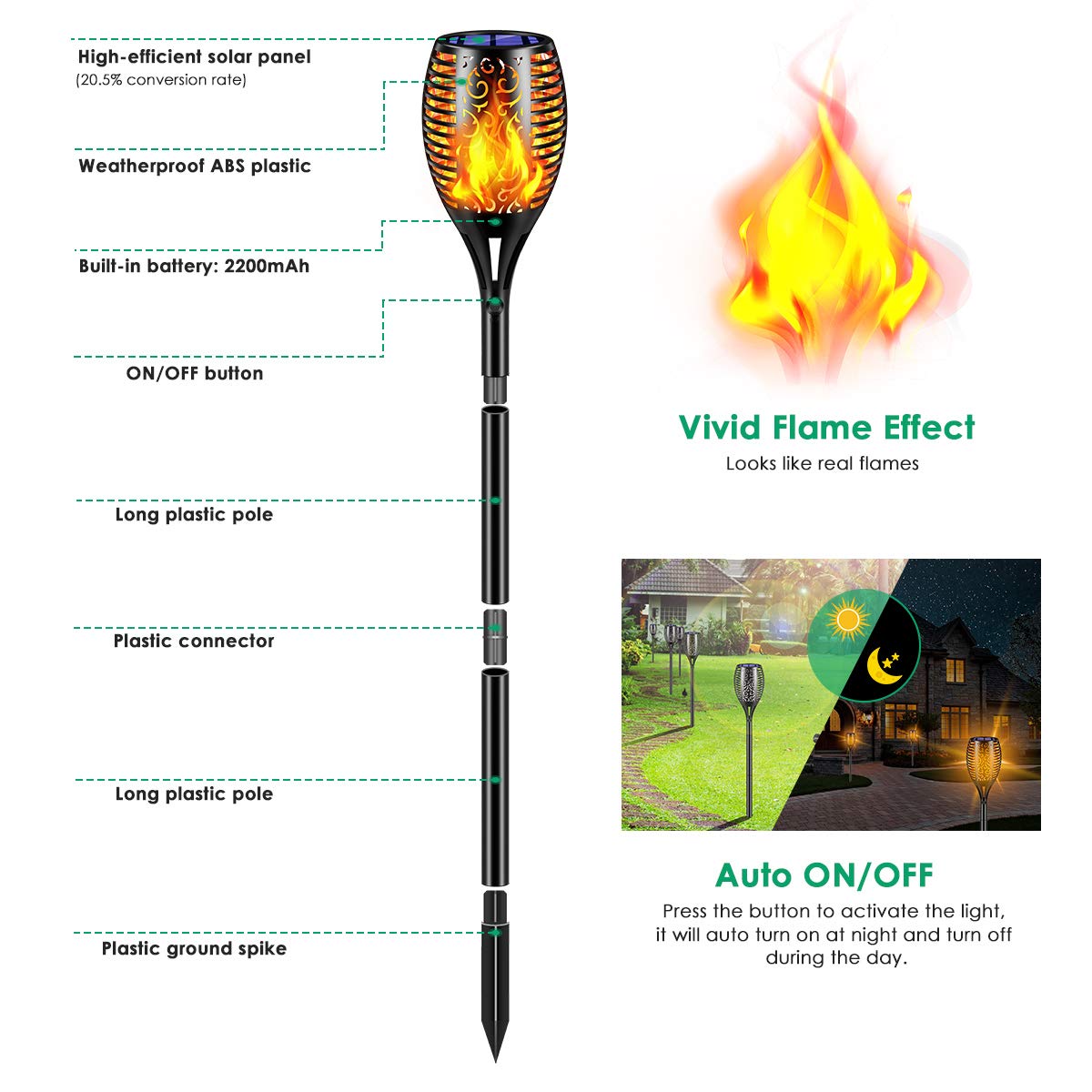 TomCare Solar Lights 99 LED Flickering Flame Solar Torches Lights 43 ...