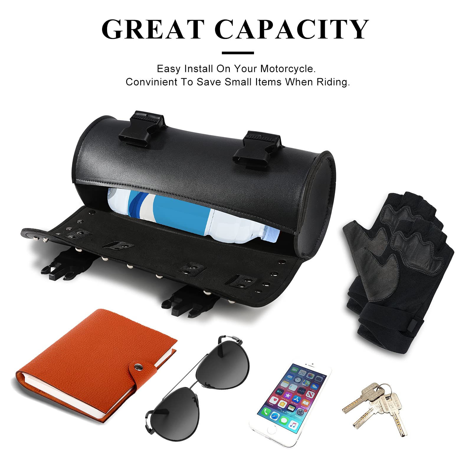Snapklik.com : Motorcycle Fork Bag, Universal PU Leather 2 Strap Buckle ...
