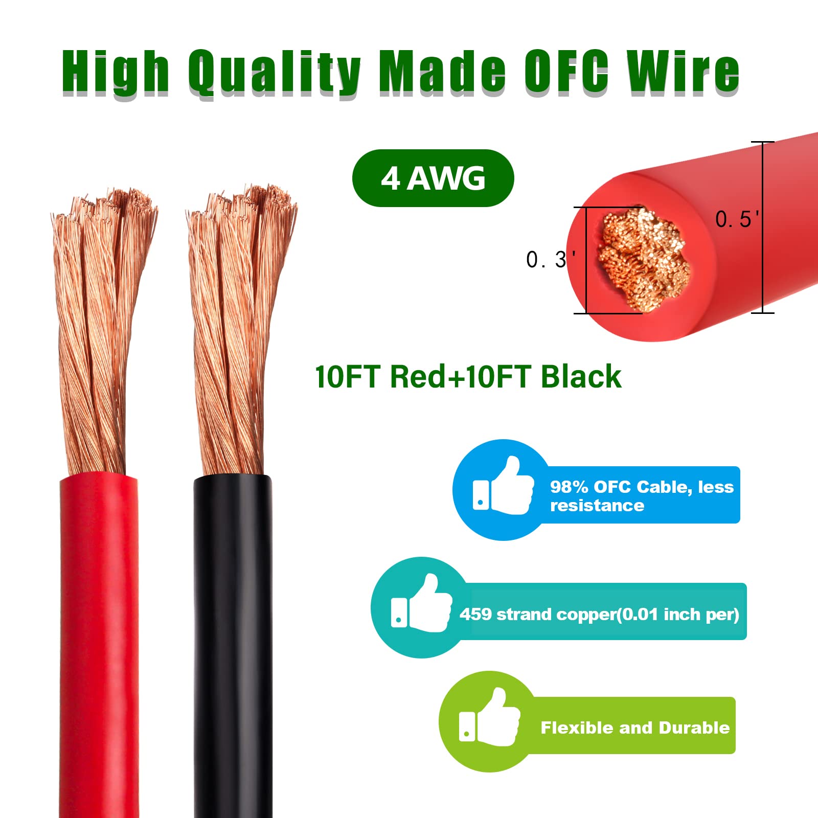 Snapklik.com : 4 Gauge Battery Cable Copper Wire, 10FT Red+10FT Black 4 ...