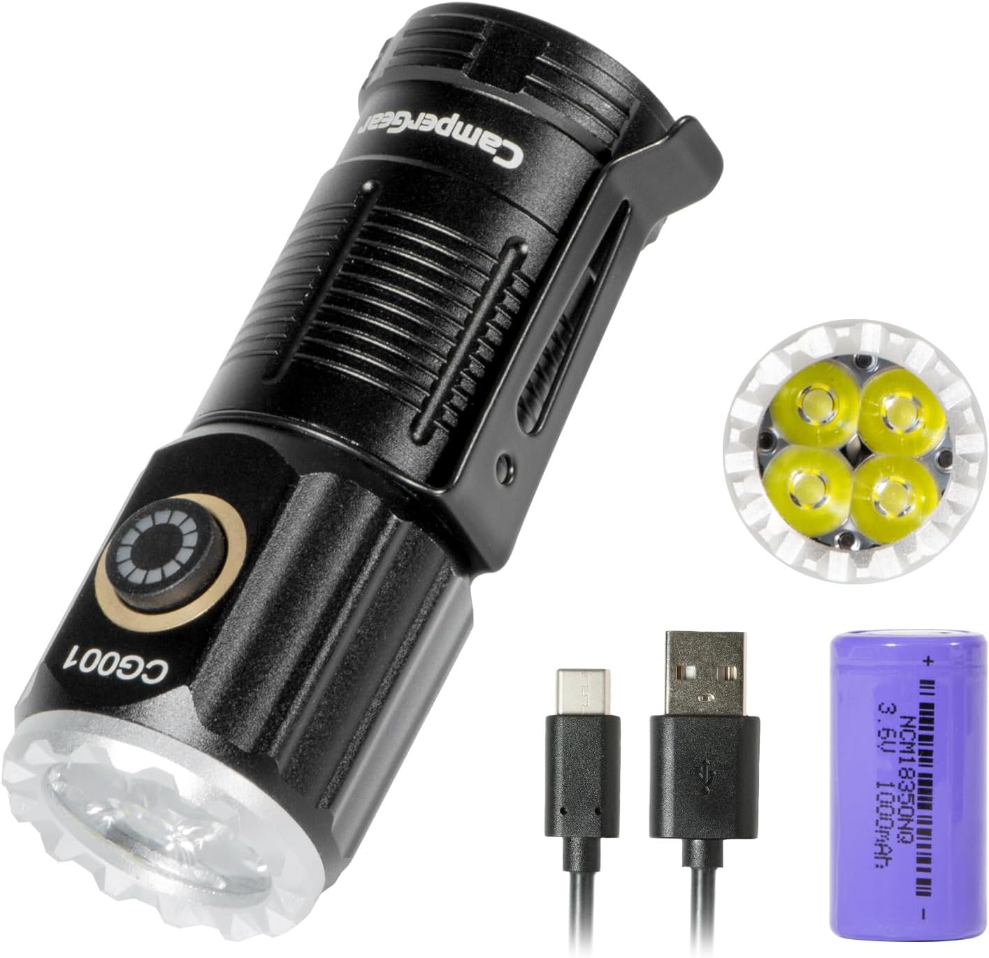 CamperGear LED Rechargeable Mini Flashlight, 1800 High Lumens Super ...