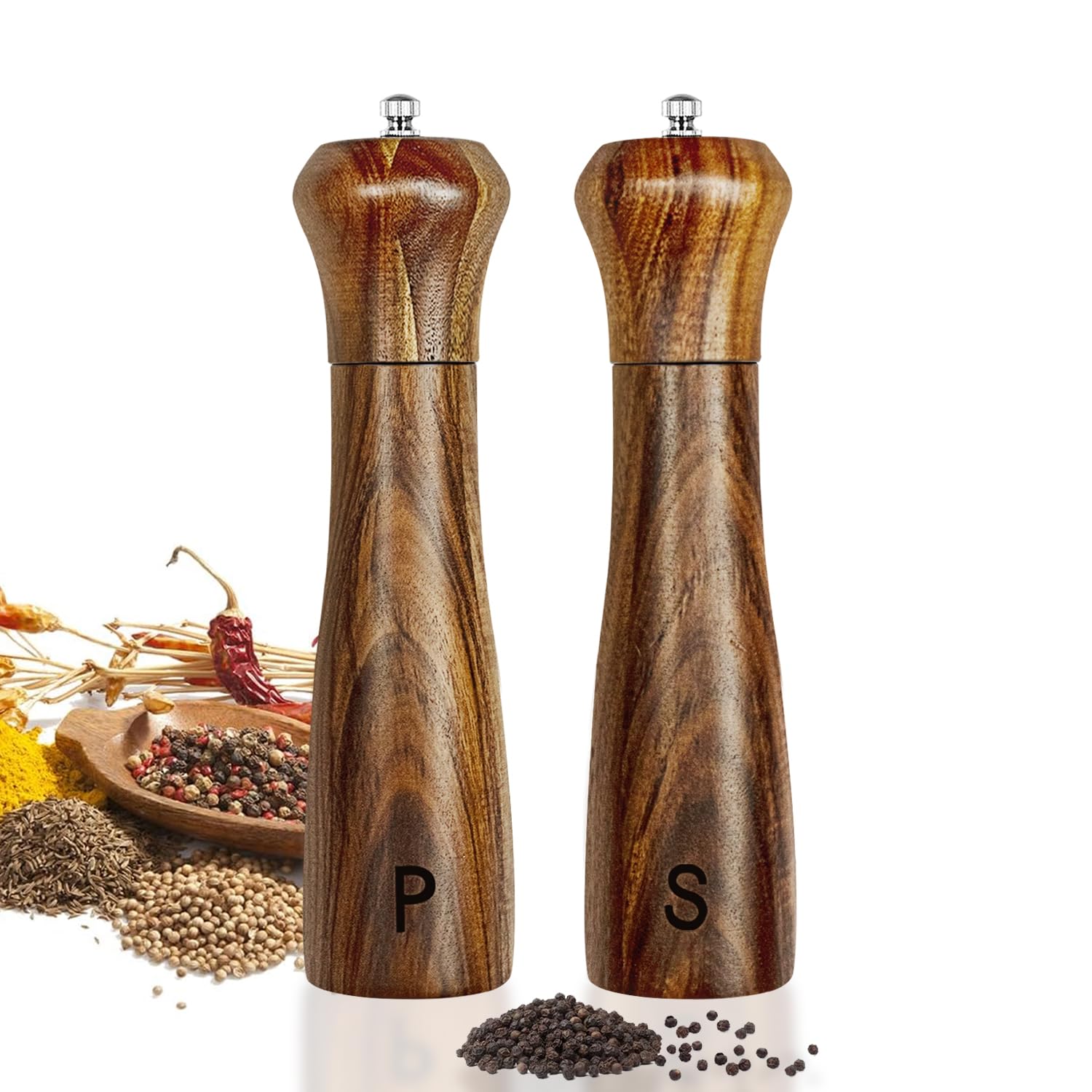 Pepper Grinder Set,Haomacro 8Inch Updated Manual Wooden Pepper Shaker ...