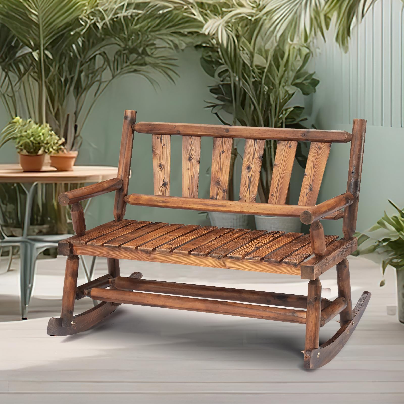Amazon.com: 2-Person Rocking Chair Bench, Double Rustic Outdoor Wood ...
