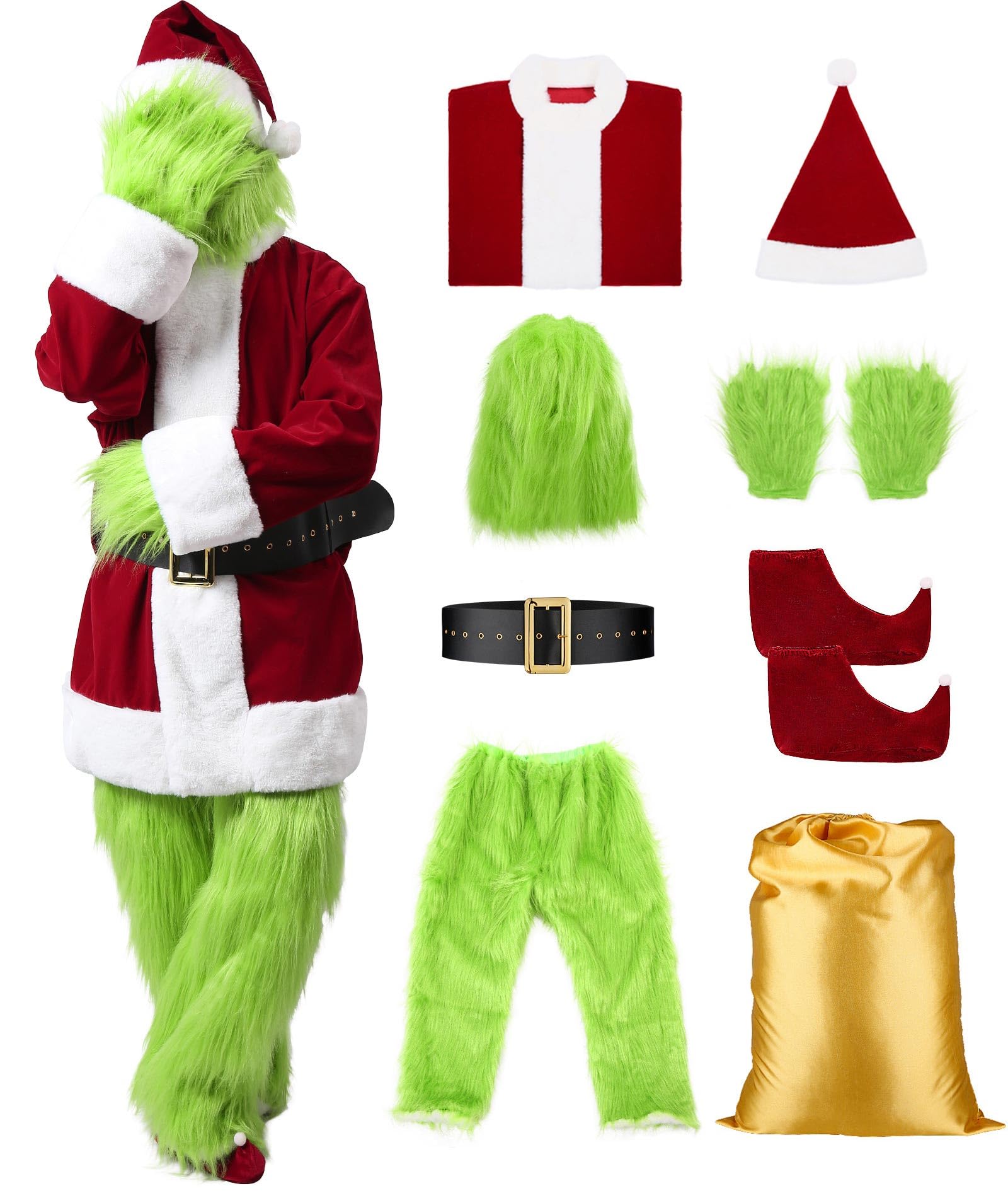 PrettyFirst Green Santa Costume Adult 8PCS, Christmas Santa Claus ...