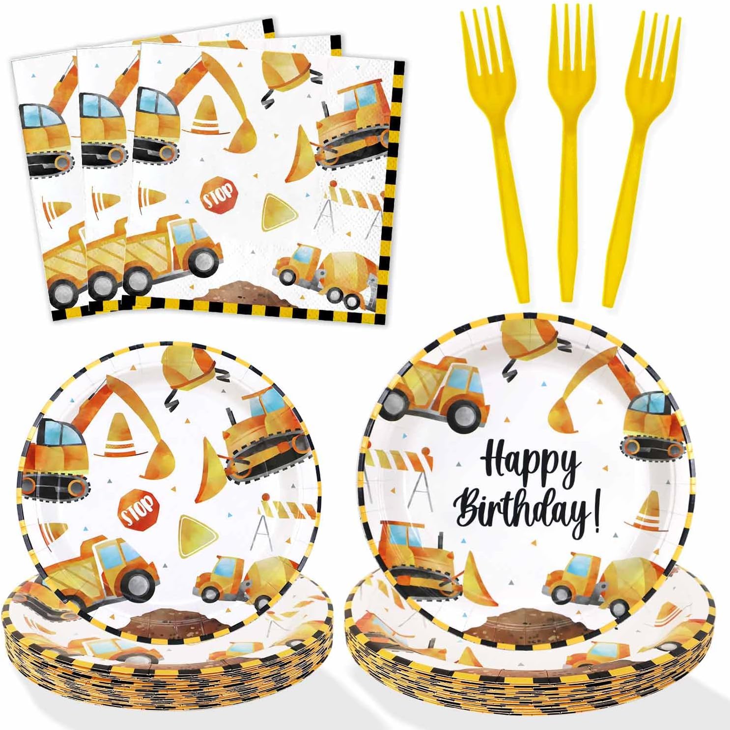 Amazon.com: Construction Theme Birthday Party Decorations Plates Set 25 ...