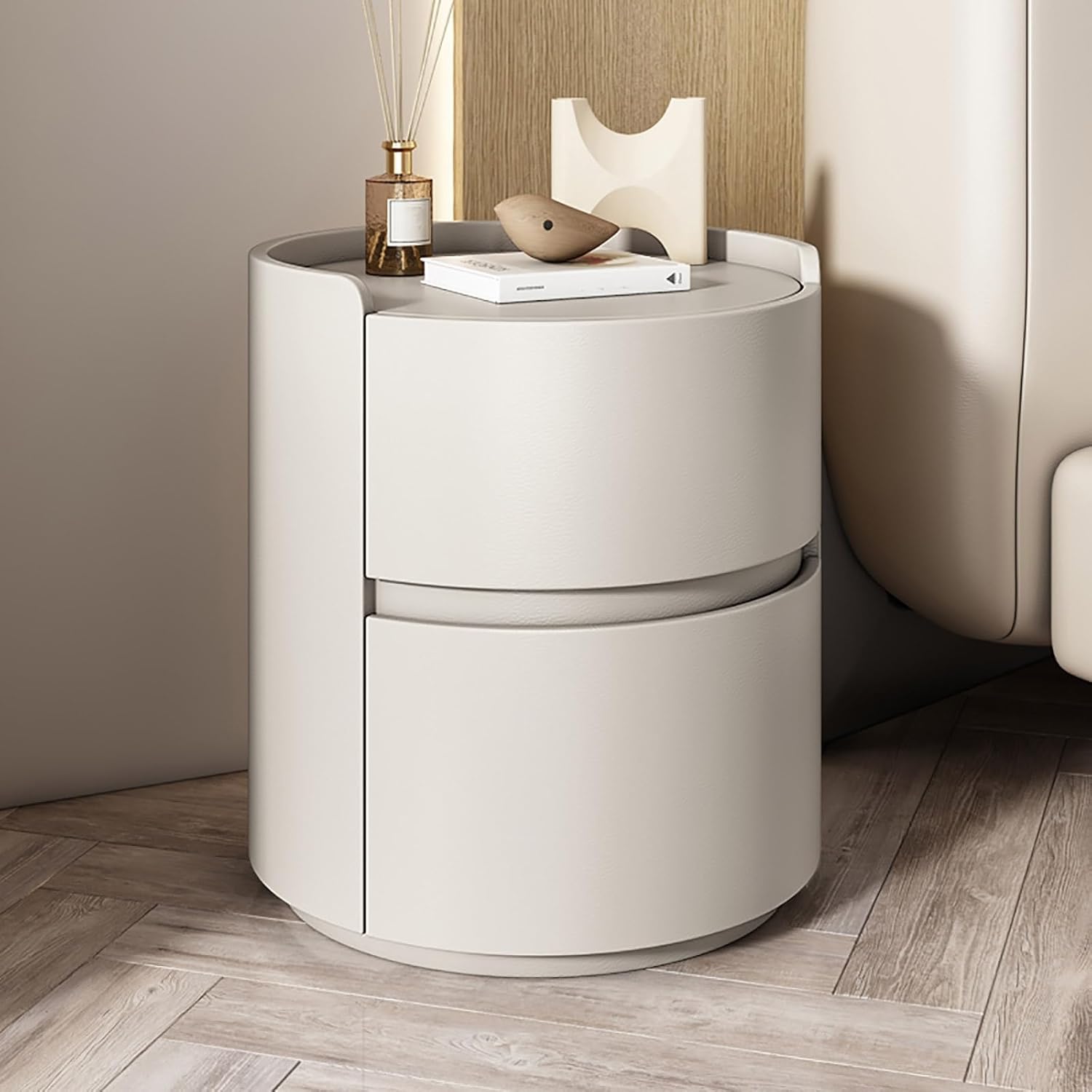 Amazon.com: Modern Minimalist White Bedside Table with Storage Drawers - Solid Wood Round Side ...