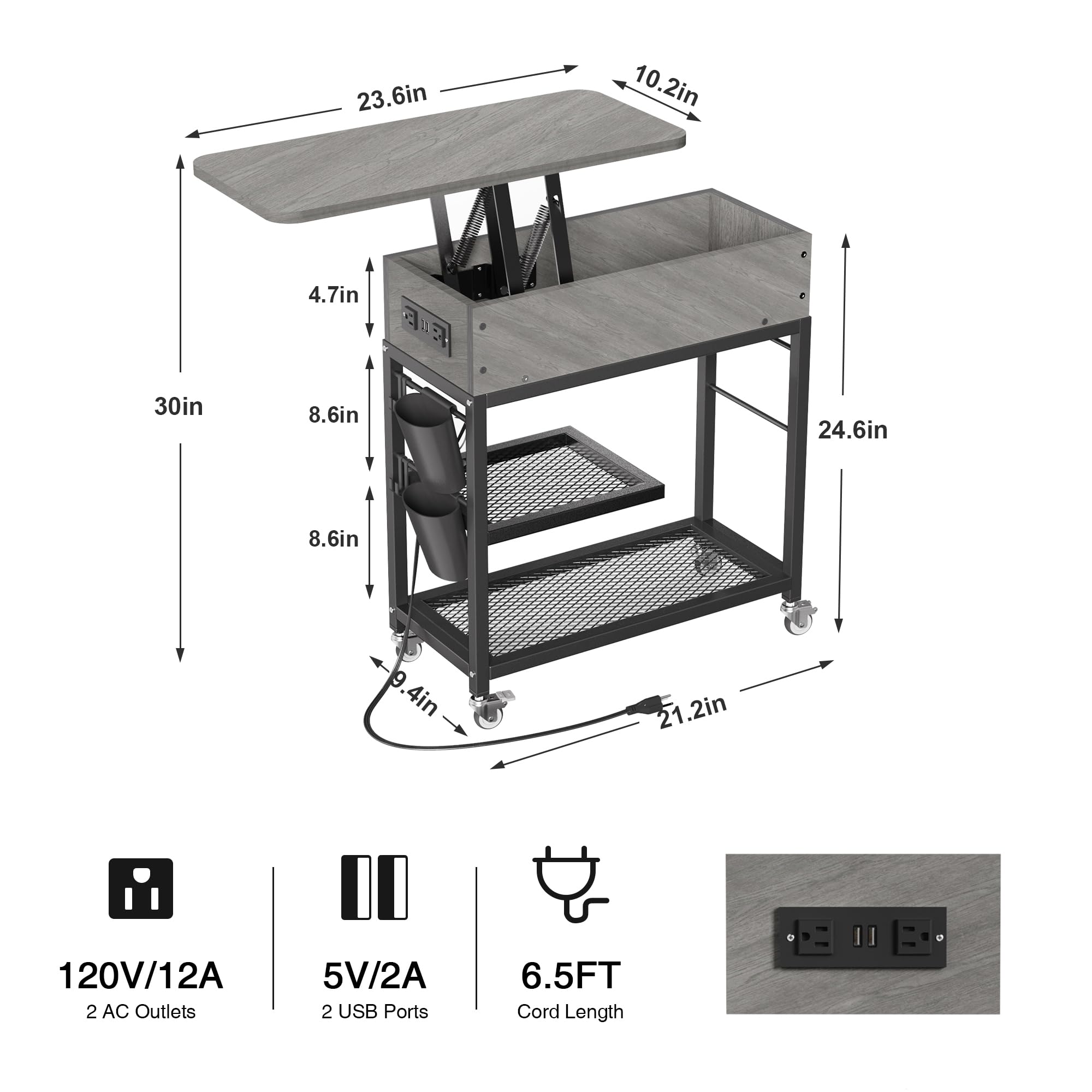 Merapi Lift-top End Table with Charging Station, Gray Sofa Side Table ...