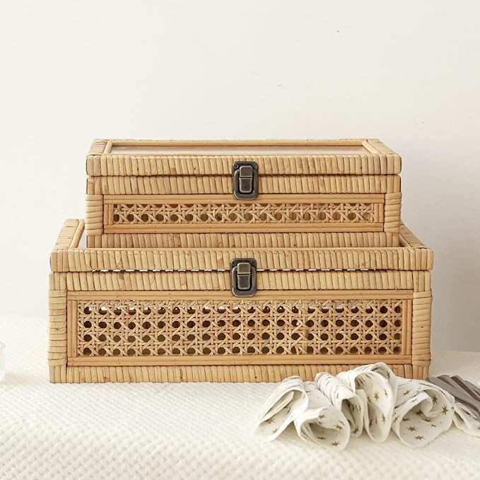 Amazon.com: DECOR4SEASON Rattan and Cane Stacking Boxes with Glass Top ...