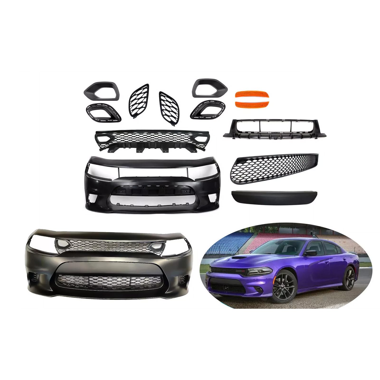 Amazon.com: New Front Bumper Full Kit W/Side Mark Lights Hellcat Style ...