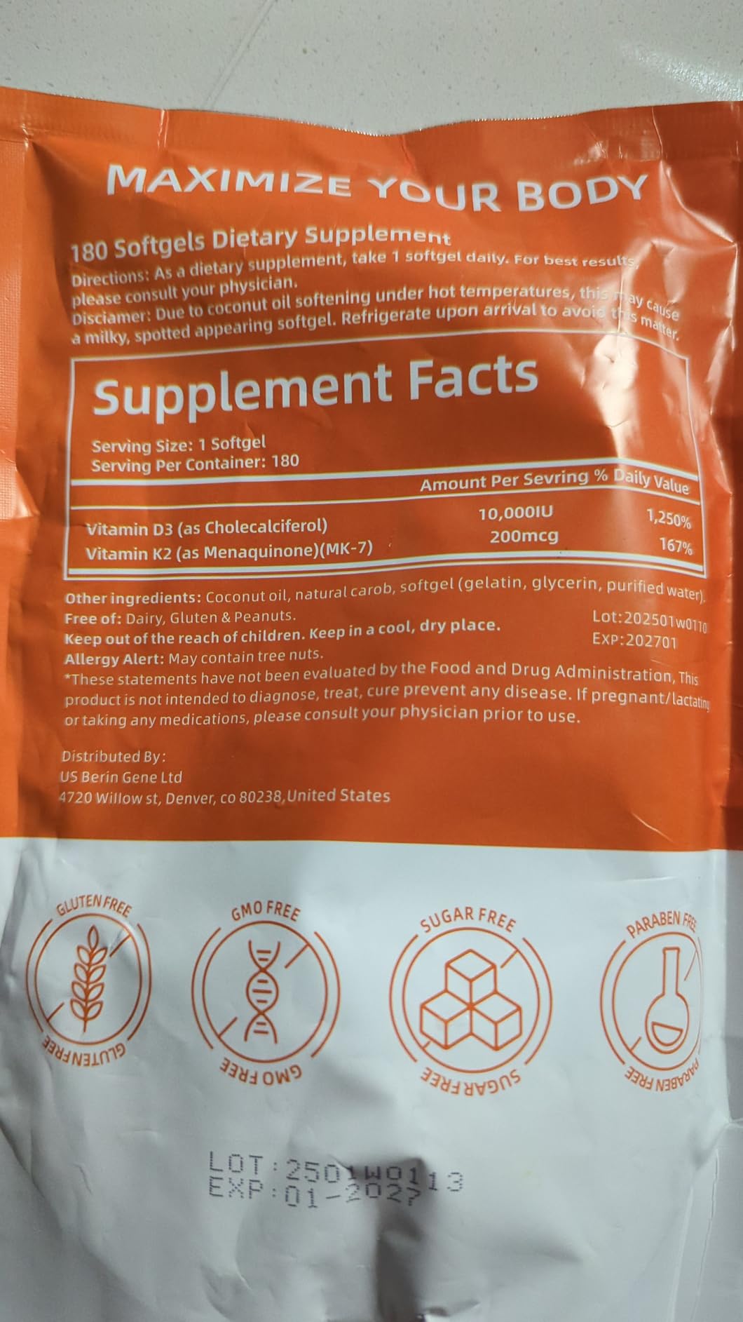 180 Count Premium Vitamin D3 K2 Supplement Softgels Vitamin D and K ...